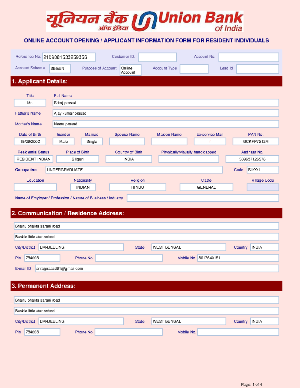 Union BANK Application FORM Sriraj Prasad - ONLINE ACCOUNT OPENING ...