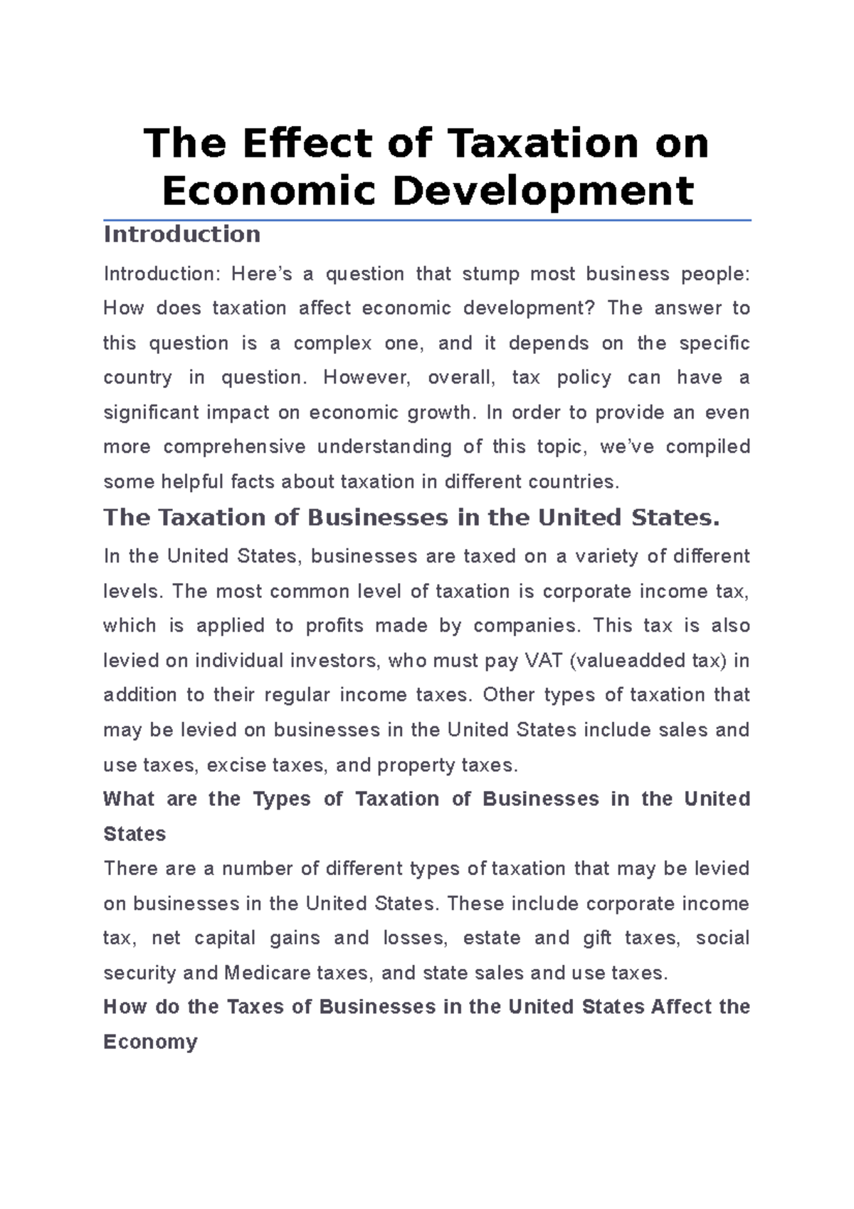 The Impact of Taxation on Economic Development: A U.S. Perspective ...
