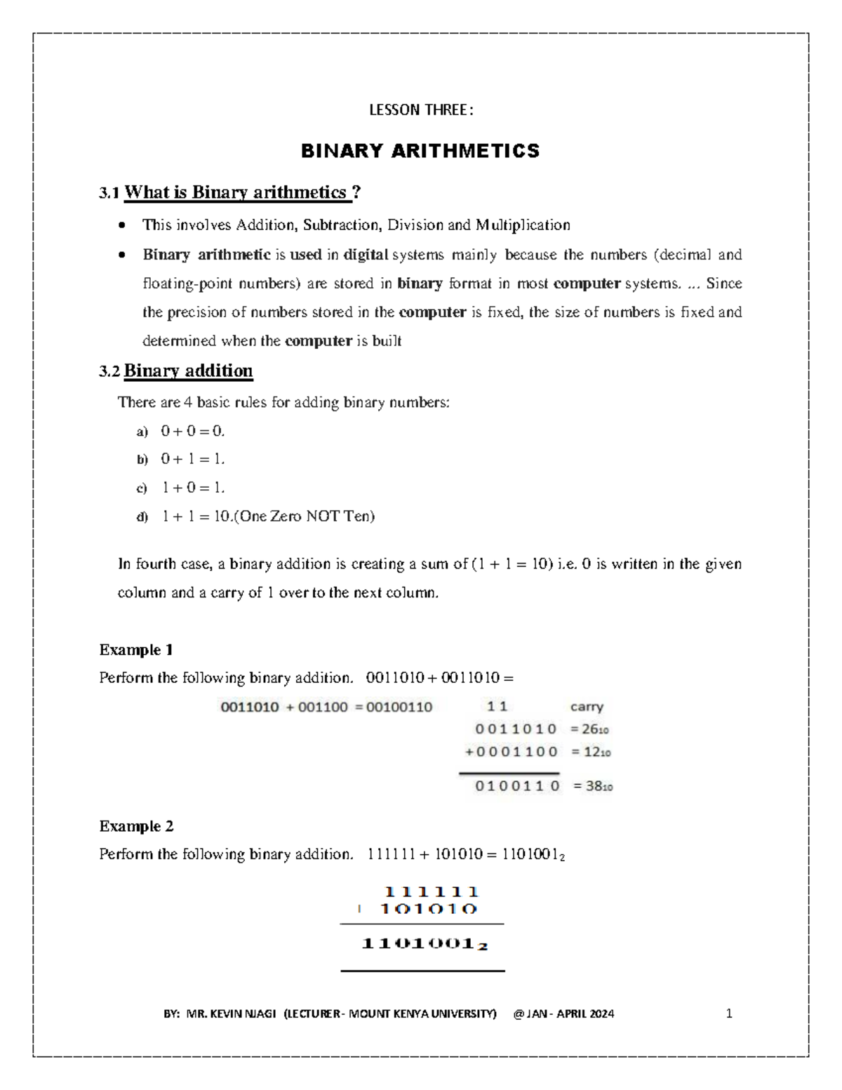 Lesson on Linear equations and how to calculate and form this equations - LESSON THREE: BINARY ...