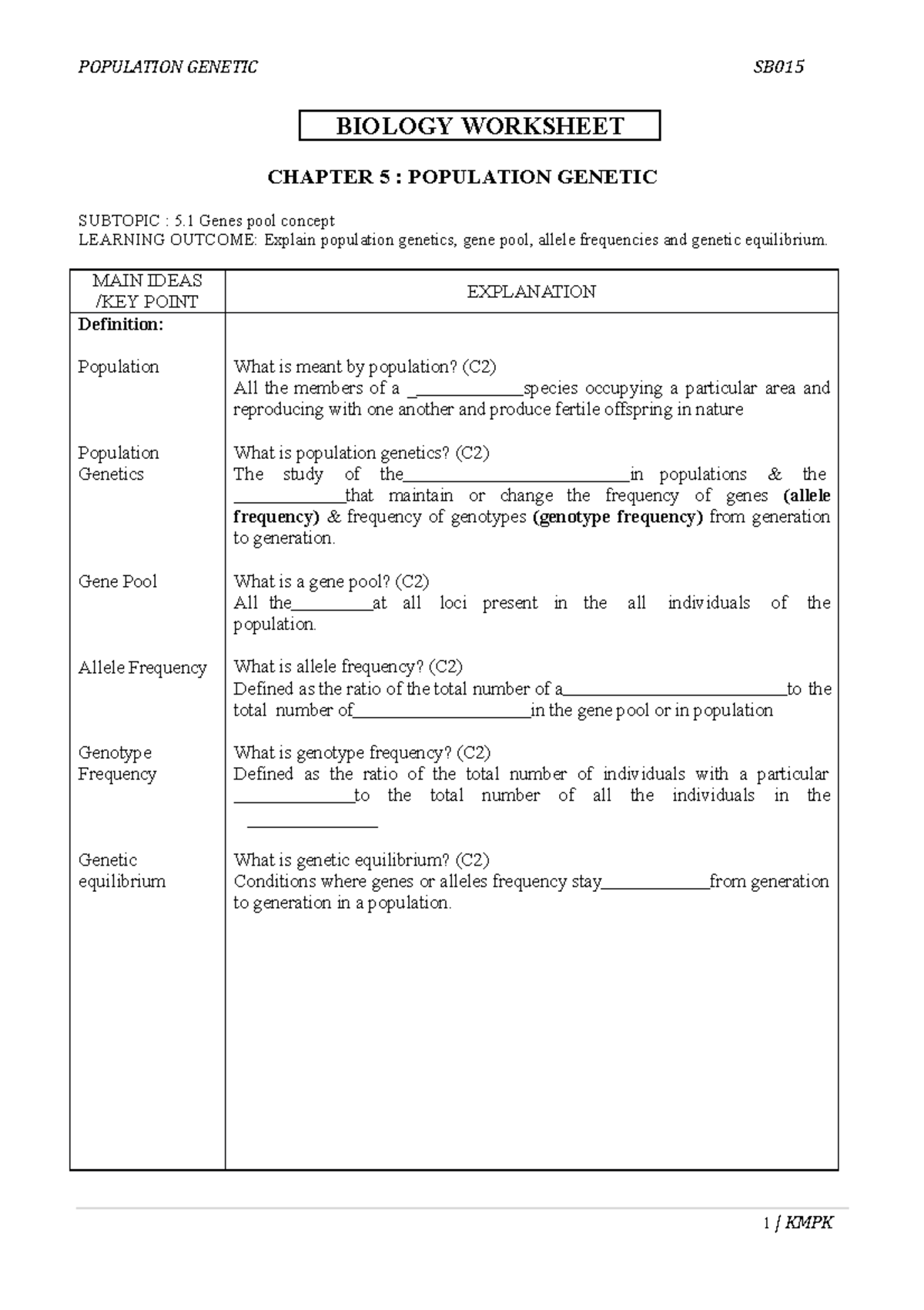 Tutorial Notes for Chapter 5: Population Genetics (BIO101) - Studocu