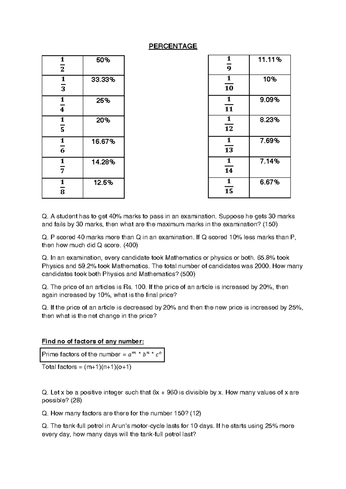 Percentage Problems and Solutions - Math 101 - Studocu