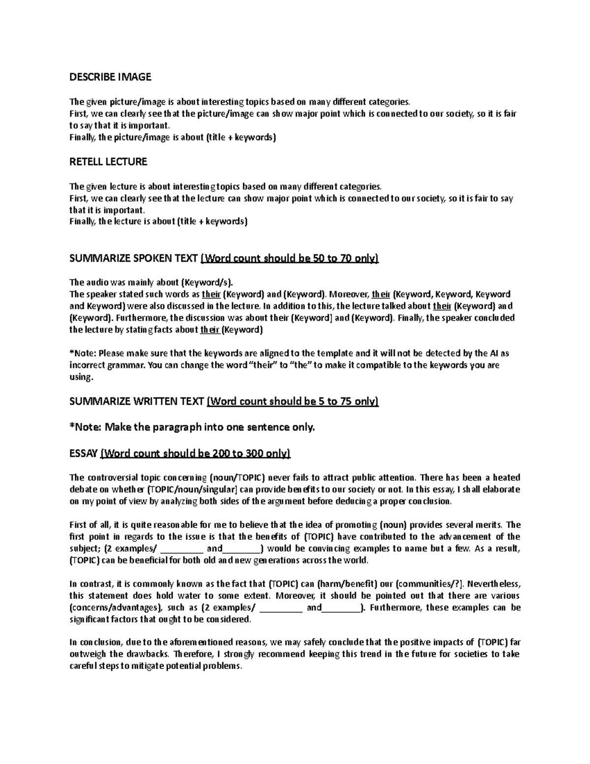 PTE- Template for Describe Image, Retell Lecture, and Essay - Studocu