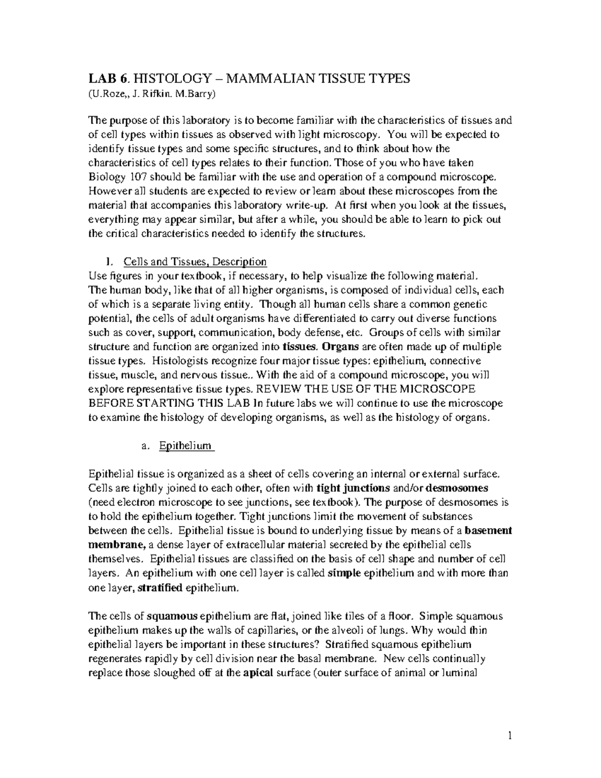 Lab 6: Histology of Mammalian Tissues (Biology 107) - LAB 6. HISTOLOGY ...