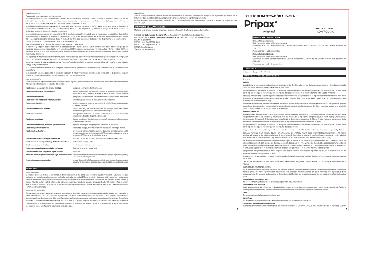 Folleto de Información al Paciente sobre PRIPAX (Aripiprazol) 10/15 mg ...