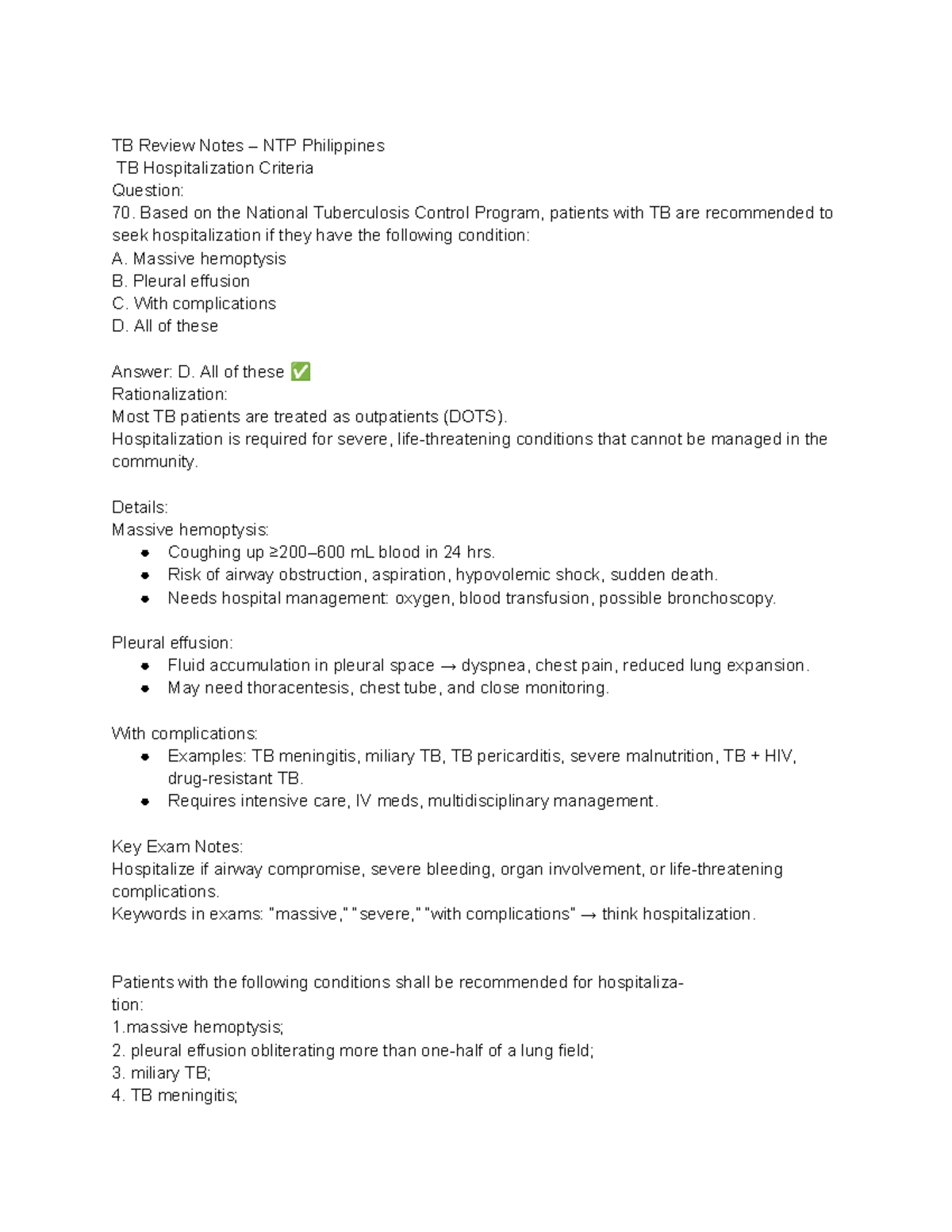 TB Review Notes – NTP Philippines: Hospitalization & Treatment Criteria ...