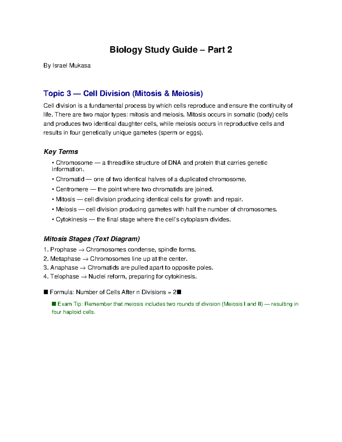 Biology Study Guide Part 2: Cell Division (Mitosis & Meiosis) - Studocu