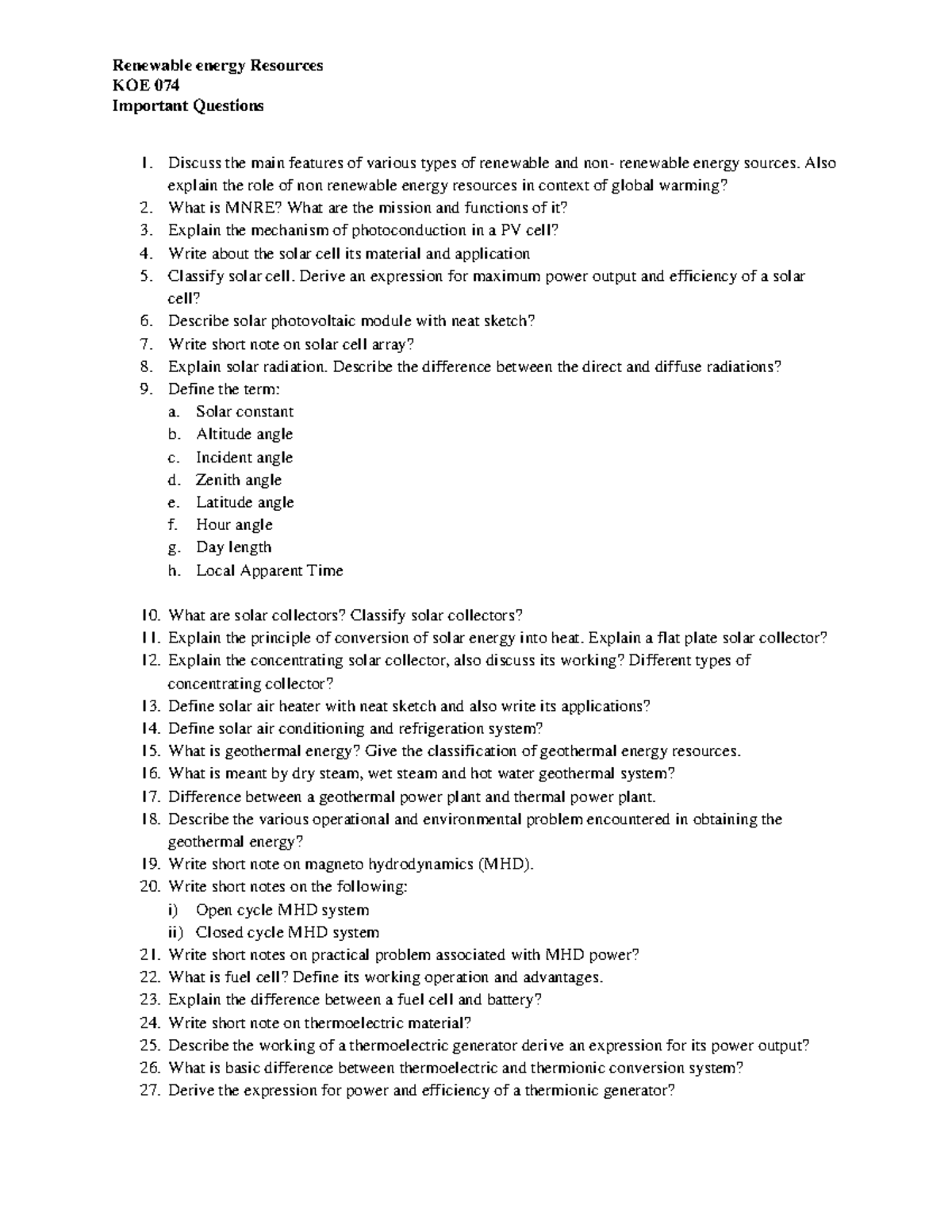 RER A - Important Questions on Renewable Energy Resources KOE 074 - Studocu