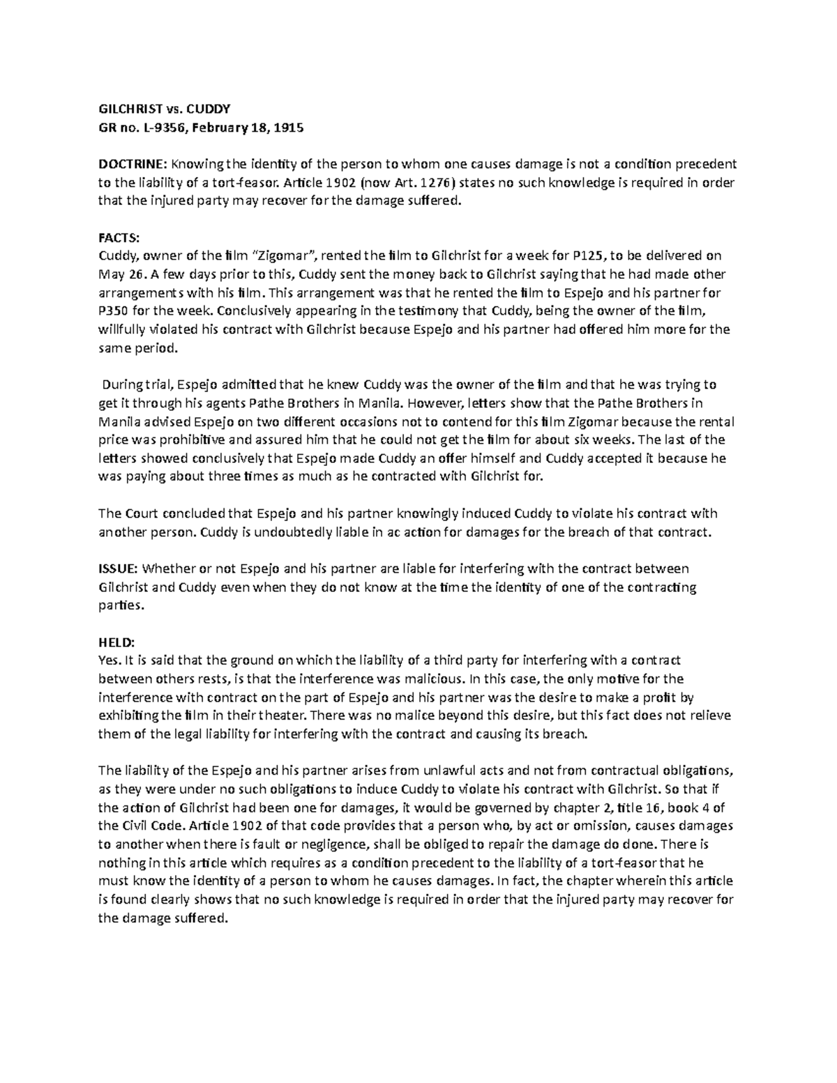 Gilchrist vs Cuddy - Case Digest on Tort Liability and Interference ...