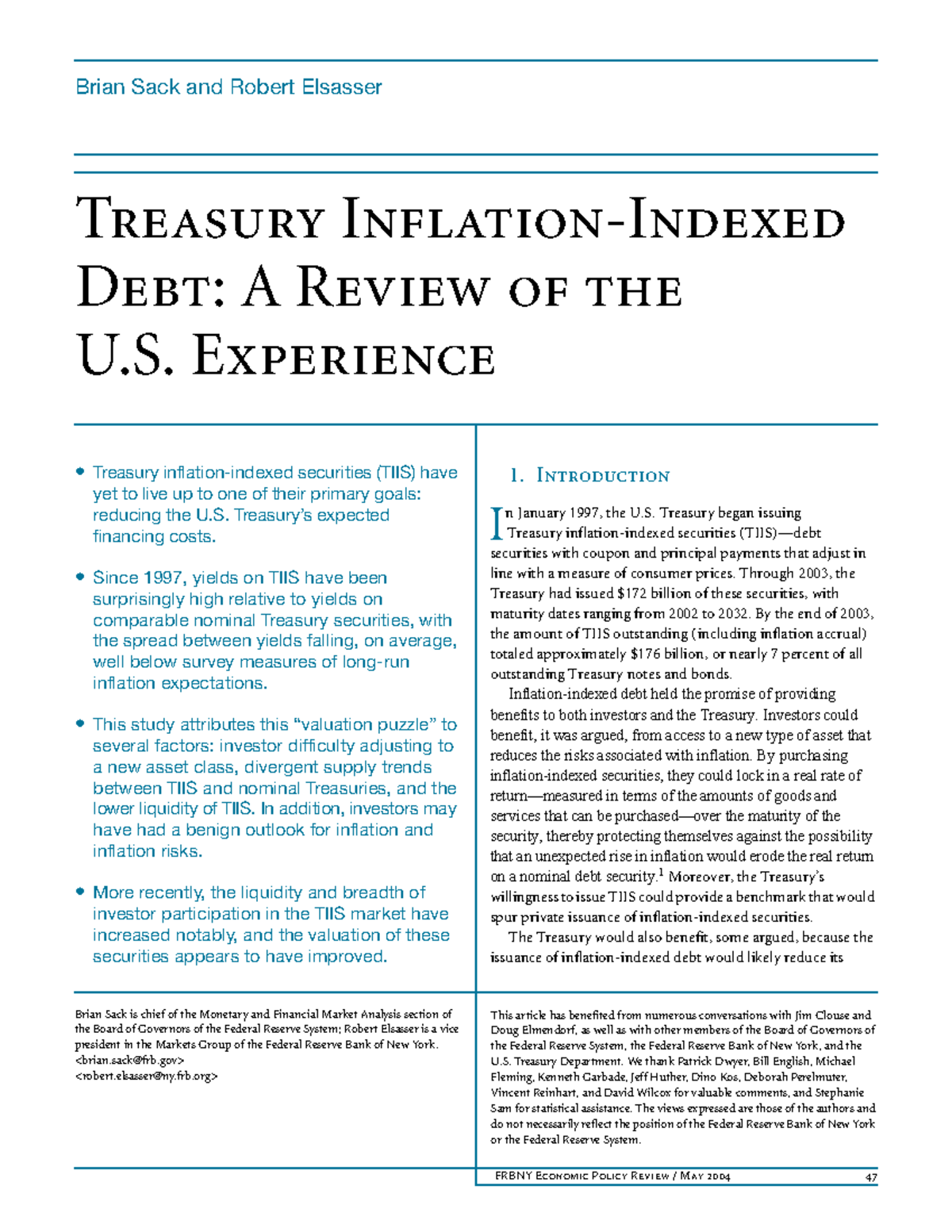 Review of Treasury Inflation-Indexed Debt in the U.S. Experience (2004 ...