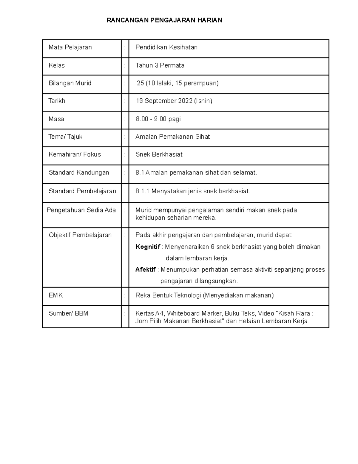 PKES3063 Contoh RPH Bab Pemakanan Tahun 2 - RANCANGAN PENGAJARAN HARIAN ...