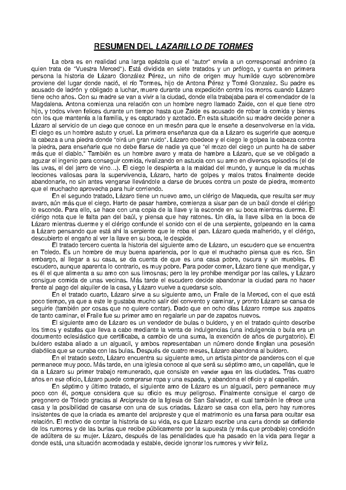 Resumen del Lazarillo de Tormes: Análisis y Temas Clave - Studocu