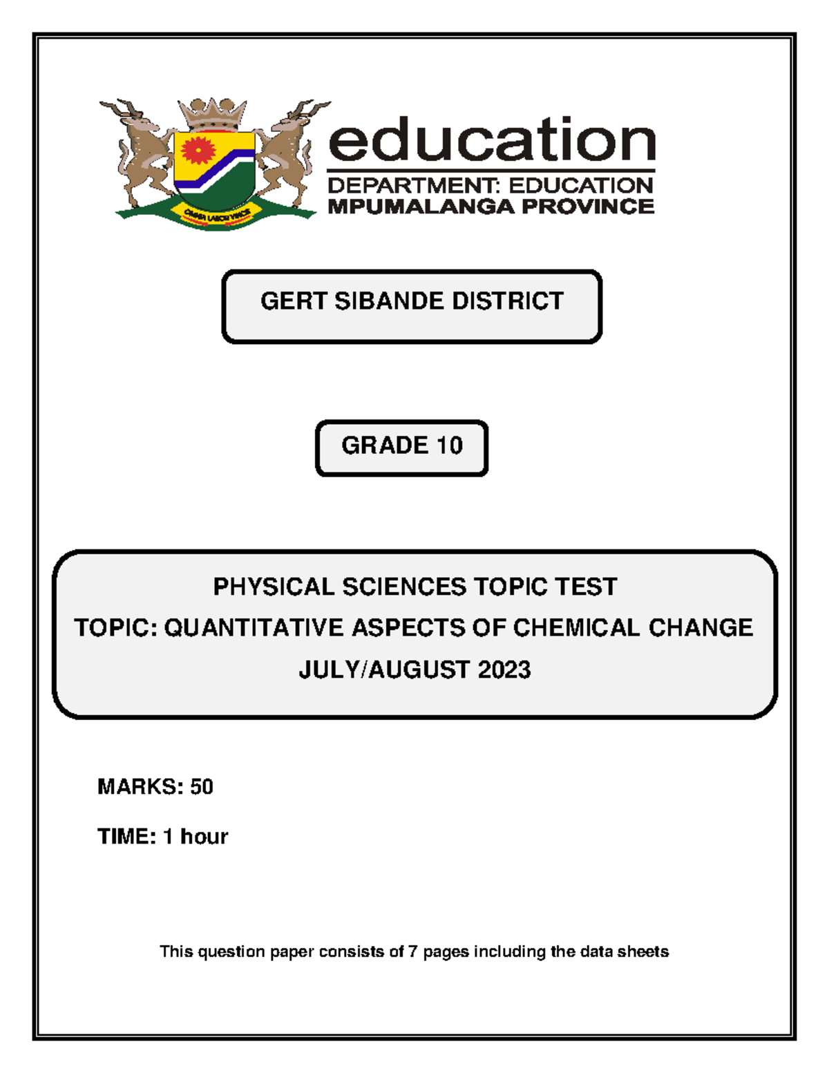 G10 Physical Sciences Topic Test: Quantitative Aspects of Chemical ...
