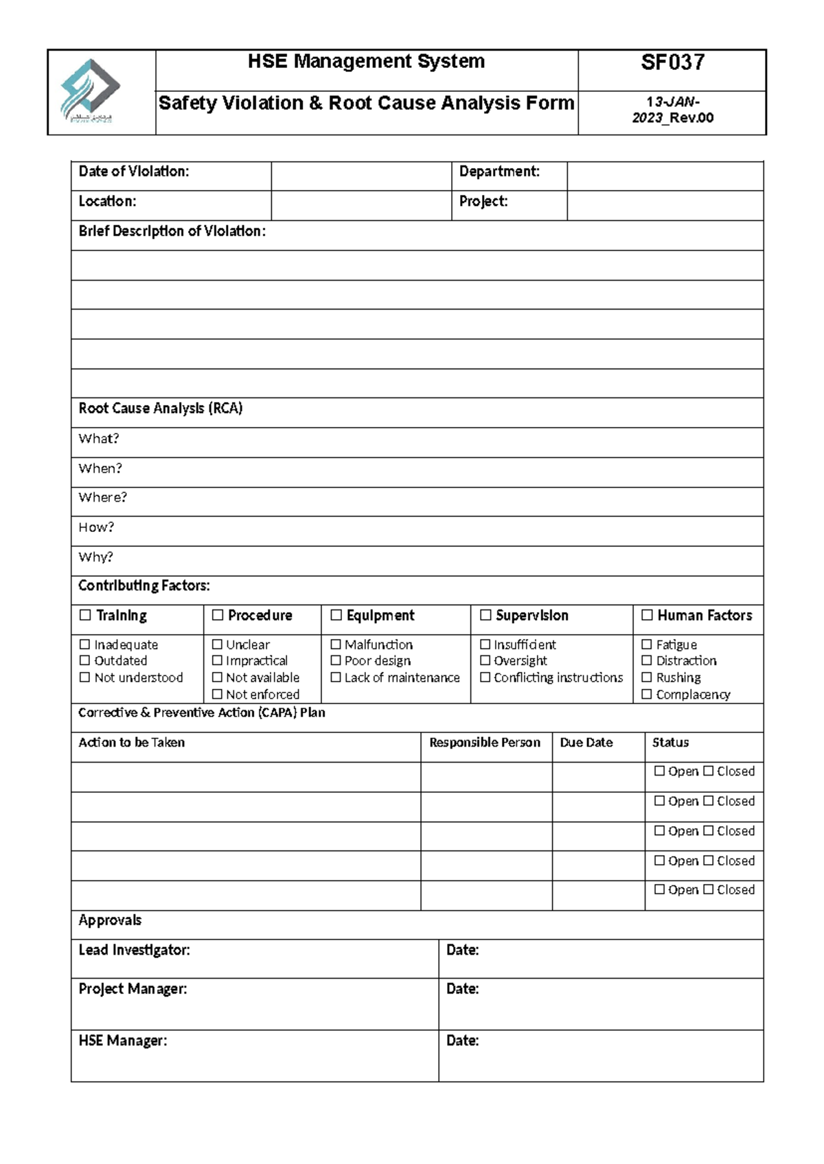 SF037 Safety Violation & Root Cause Analysis Form - Date of Violation ...