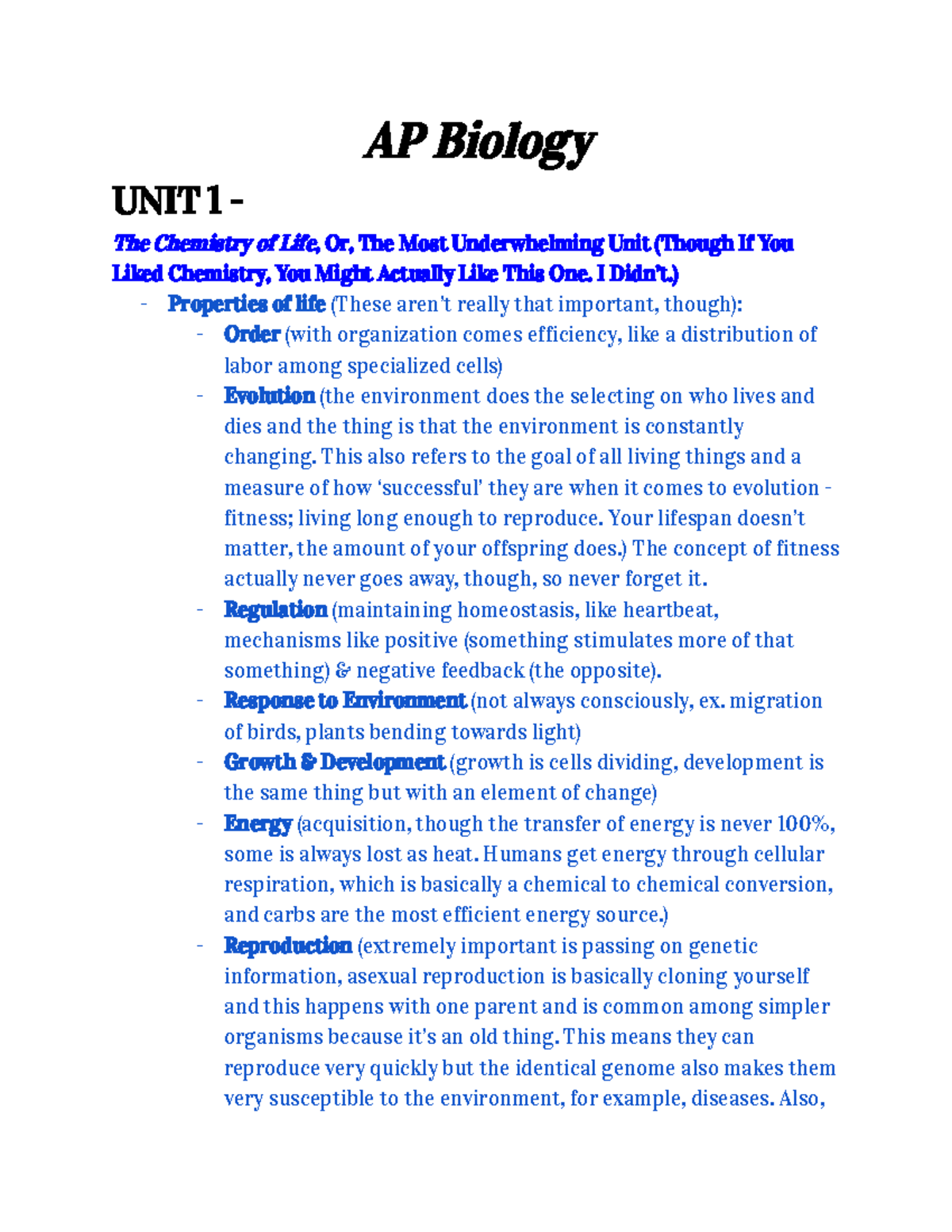 AP Biology Unit 1: Chemistry of Life Comprehensive Notes - Studocu