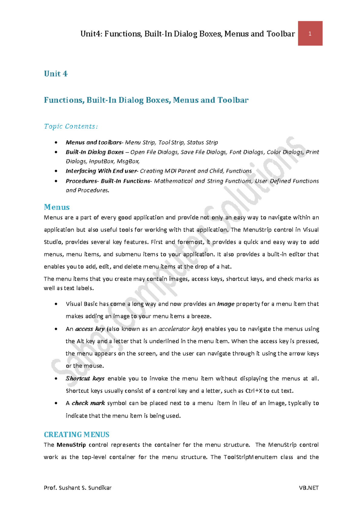 Unit-4 - English summary - Unit 4 Functions, Built-In Dialog Boxes ...