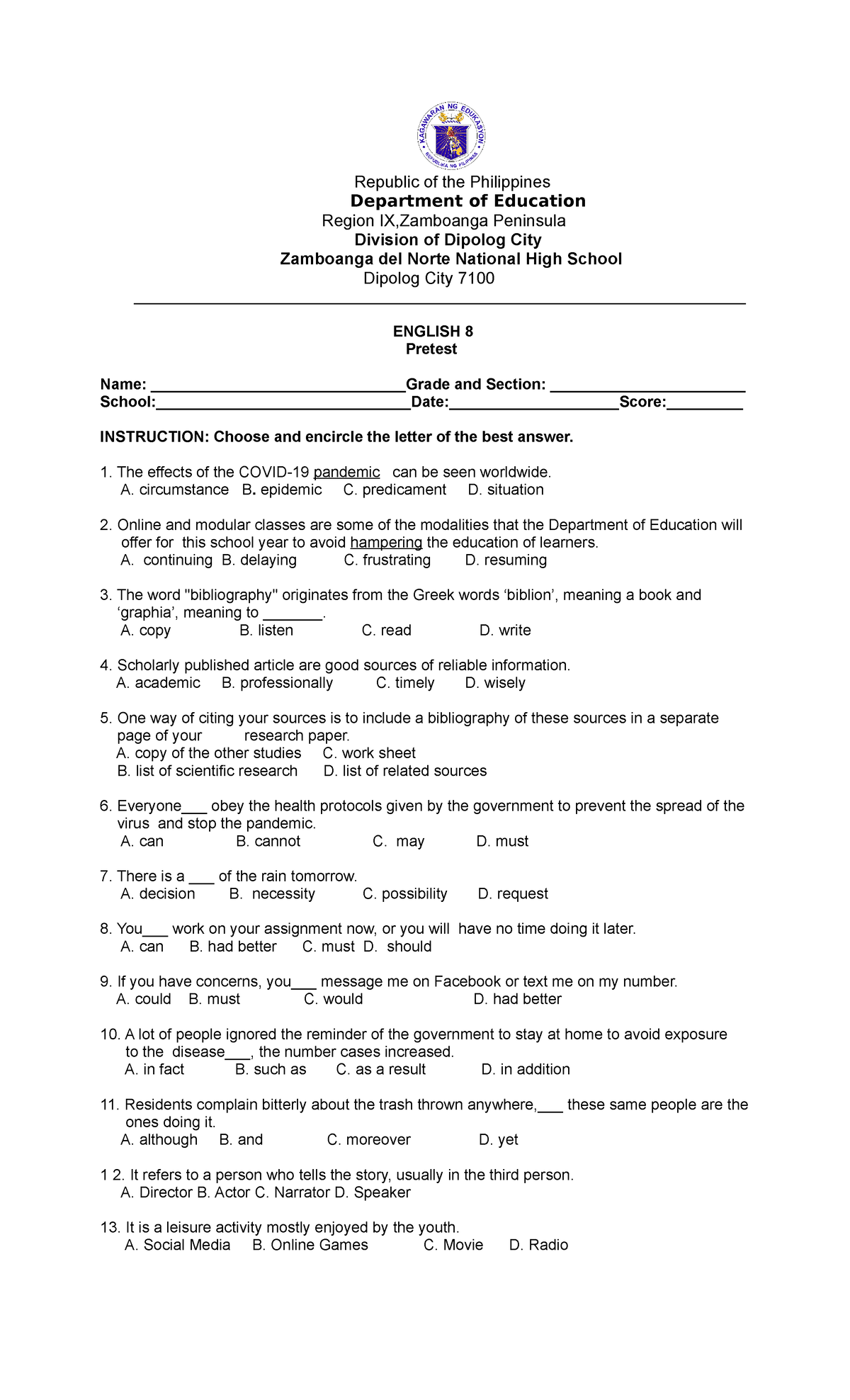 Grade 8 English Pretest - Multiple Choice Questions for Review - Studocu