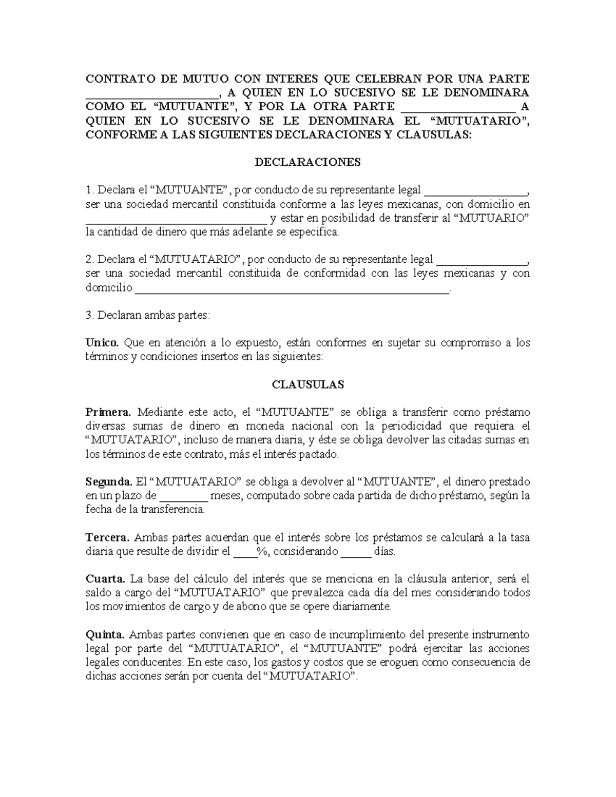Contrato de Mutuo con Interés: Términos y Cláusulas Esenciales - Studocu