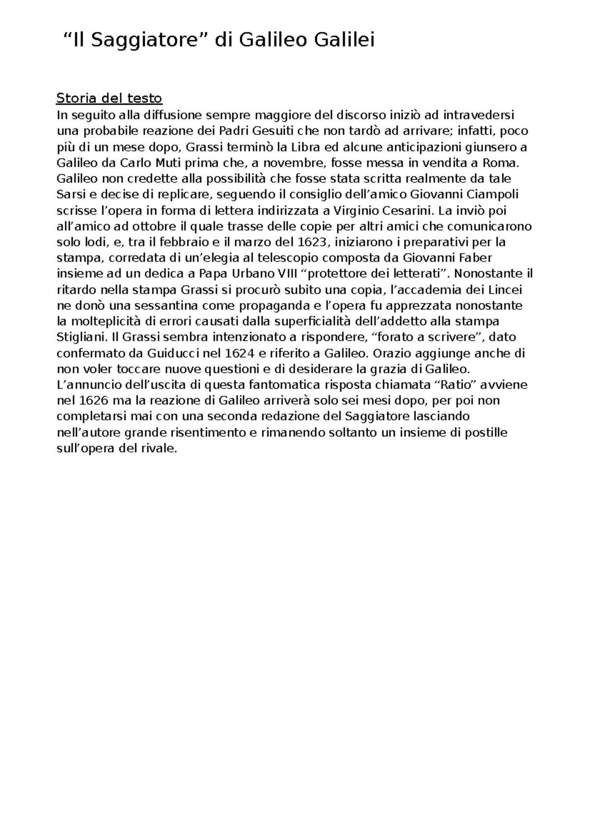 Riassunto del "Il Saggiatore" di Galileo Galilei - Studocu