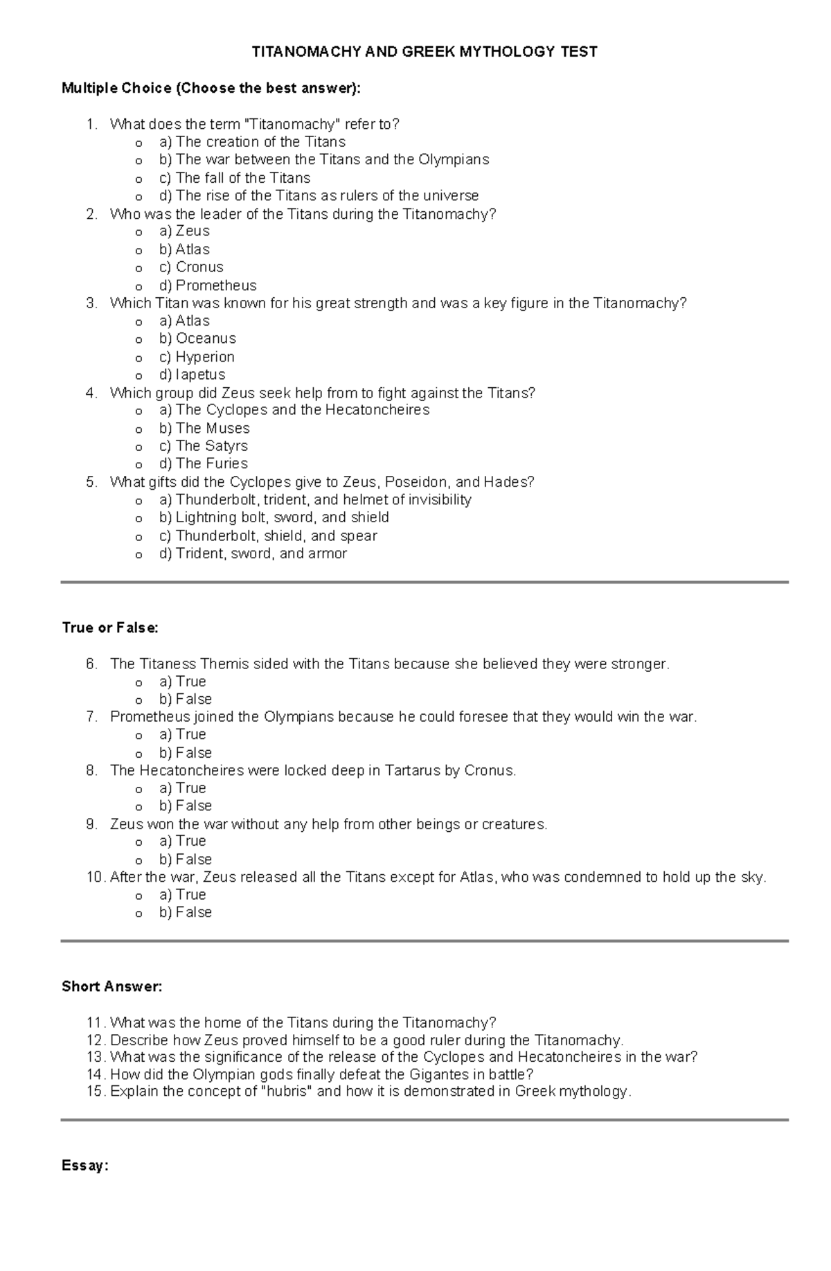 Titanomachy AND Greek Mythology TEST - TITANOMACHY AND GREEK MYTHOLOGY ...