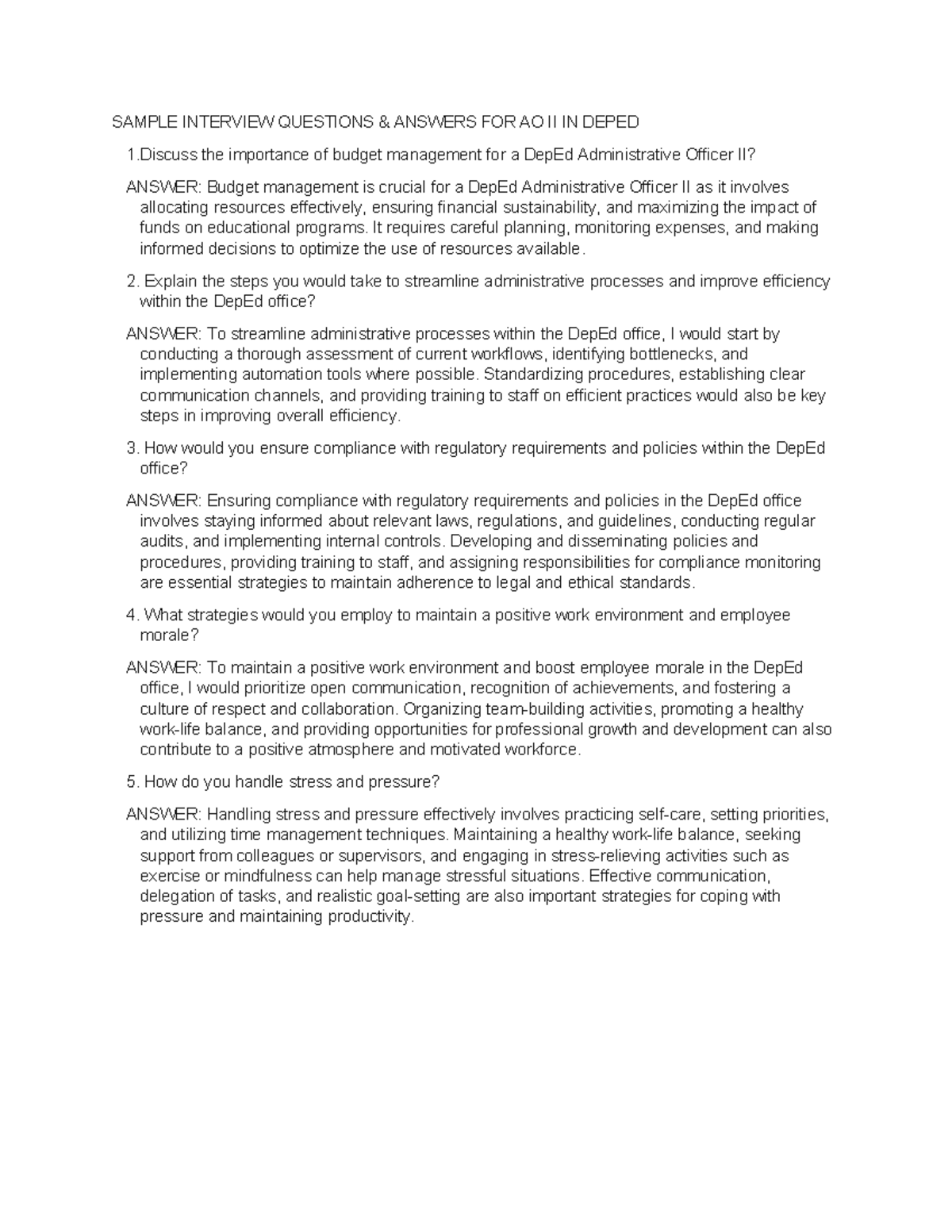 AO II Sample Interview Questions & Answers for DepEd Candidates - Studocu