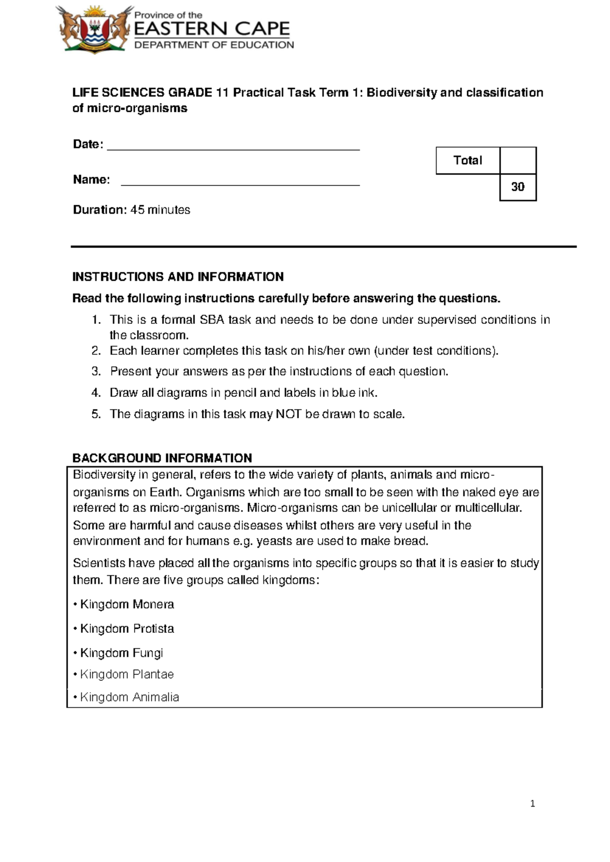 Practical Task: Grade 11 Life Sciences Term 1 - Biodiversity & Micro ...