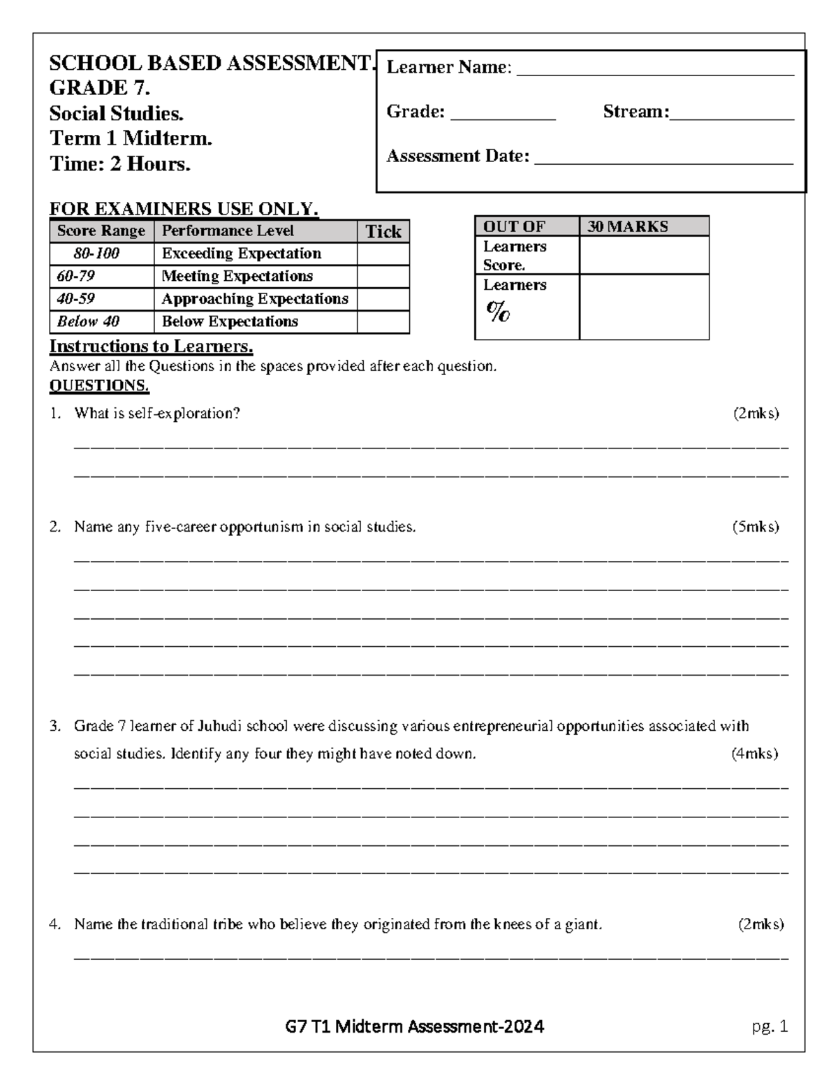 G7 T1 Social Studies Midterm Assessment 2024 - Key Info & Questions ...