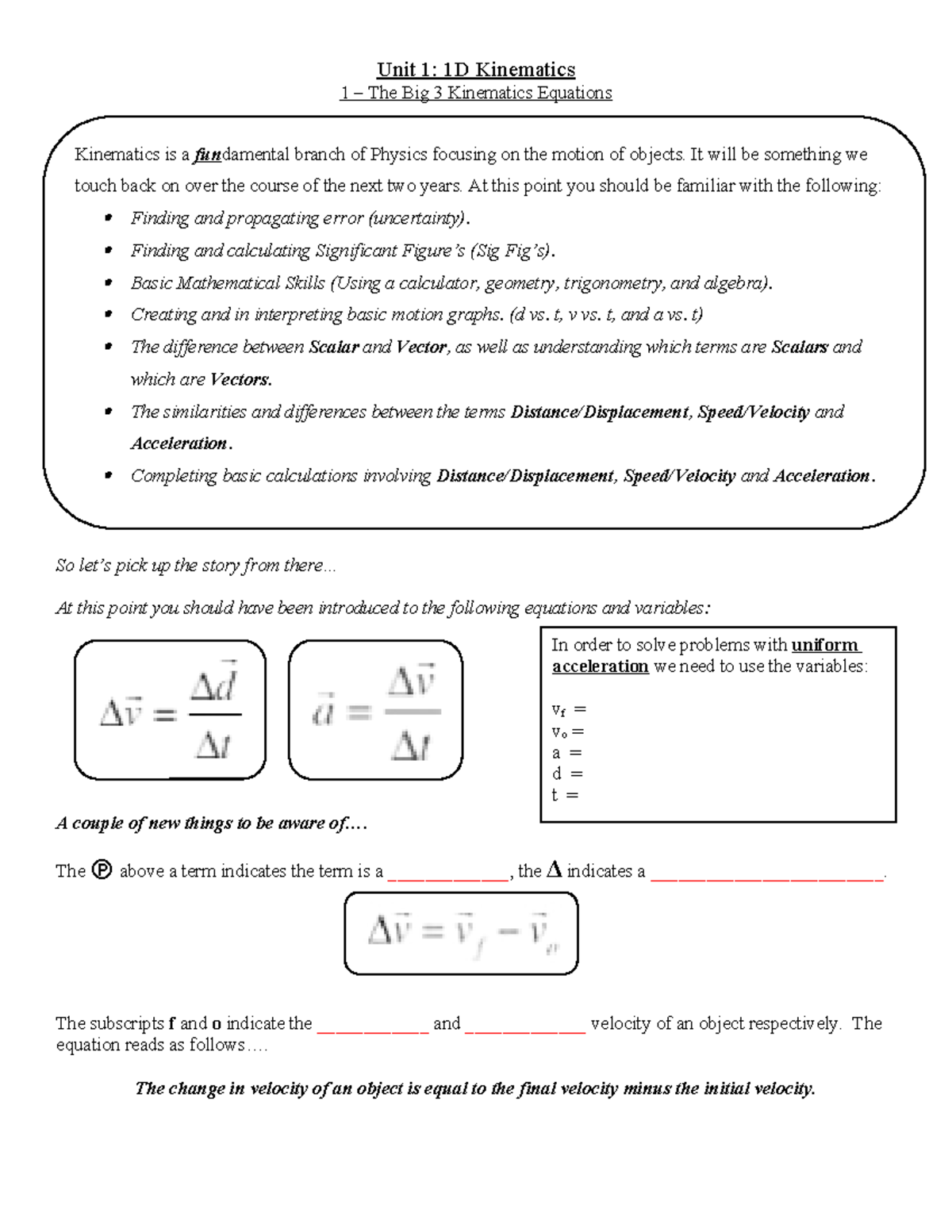 Unit 1: 1D Kinematics - The Big 3 Equations and Applications - Studocu