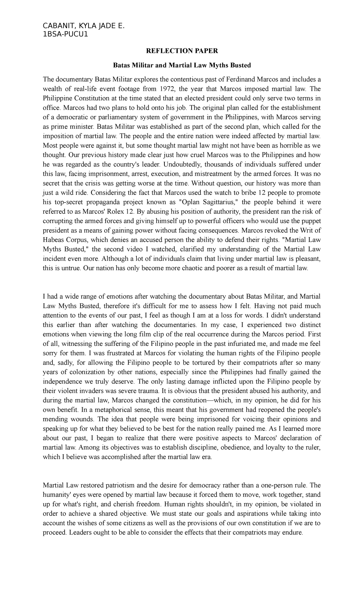 Reflection Paper - CABANIT, KYLA JADE E. 1BSA-PUCU REFLECTION PAPER ...