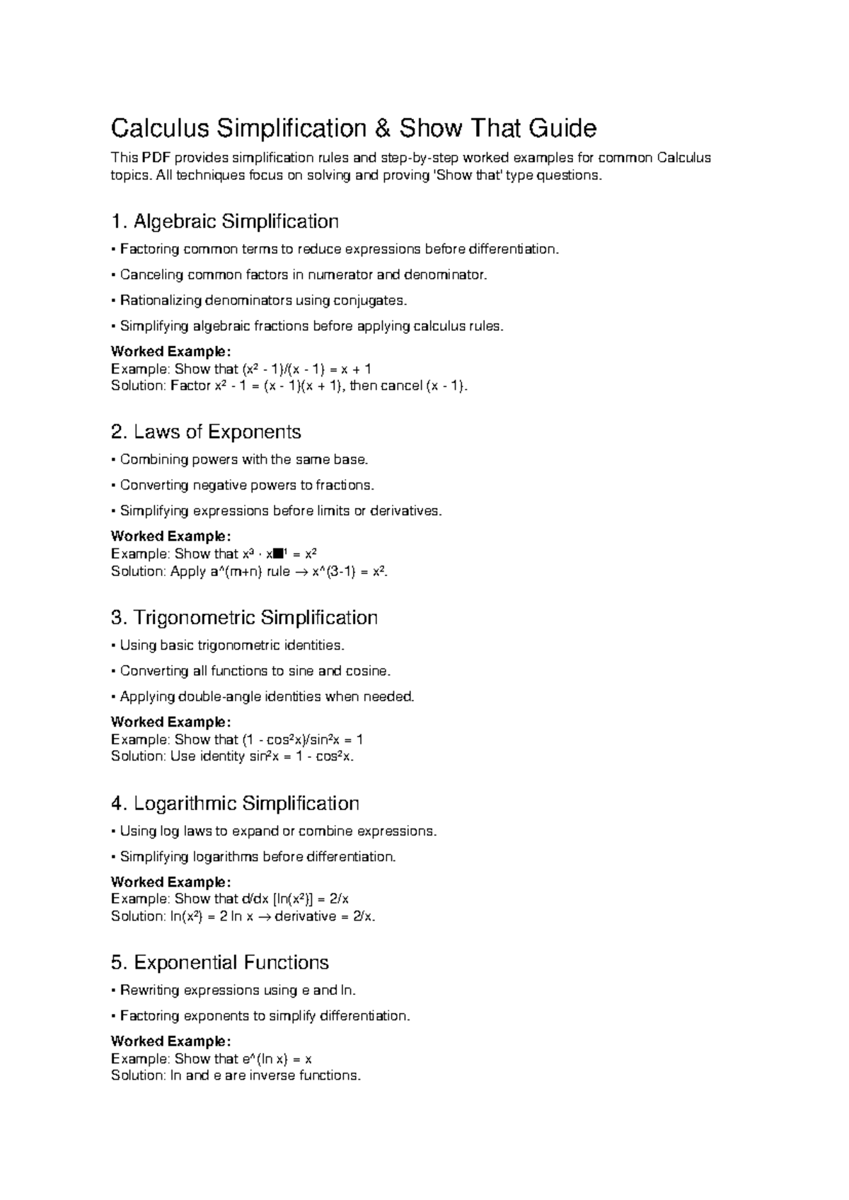 Calculus Simplification & Show That Guide (MATH 101) - Studocu