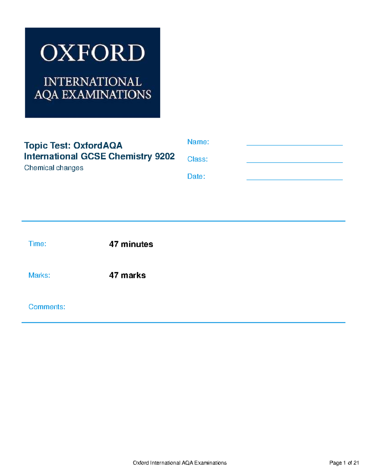 Chemical Changes: Topic Test for OxfordAQA International GCSE Chemistry ...