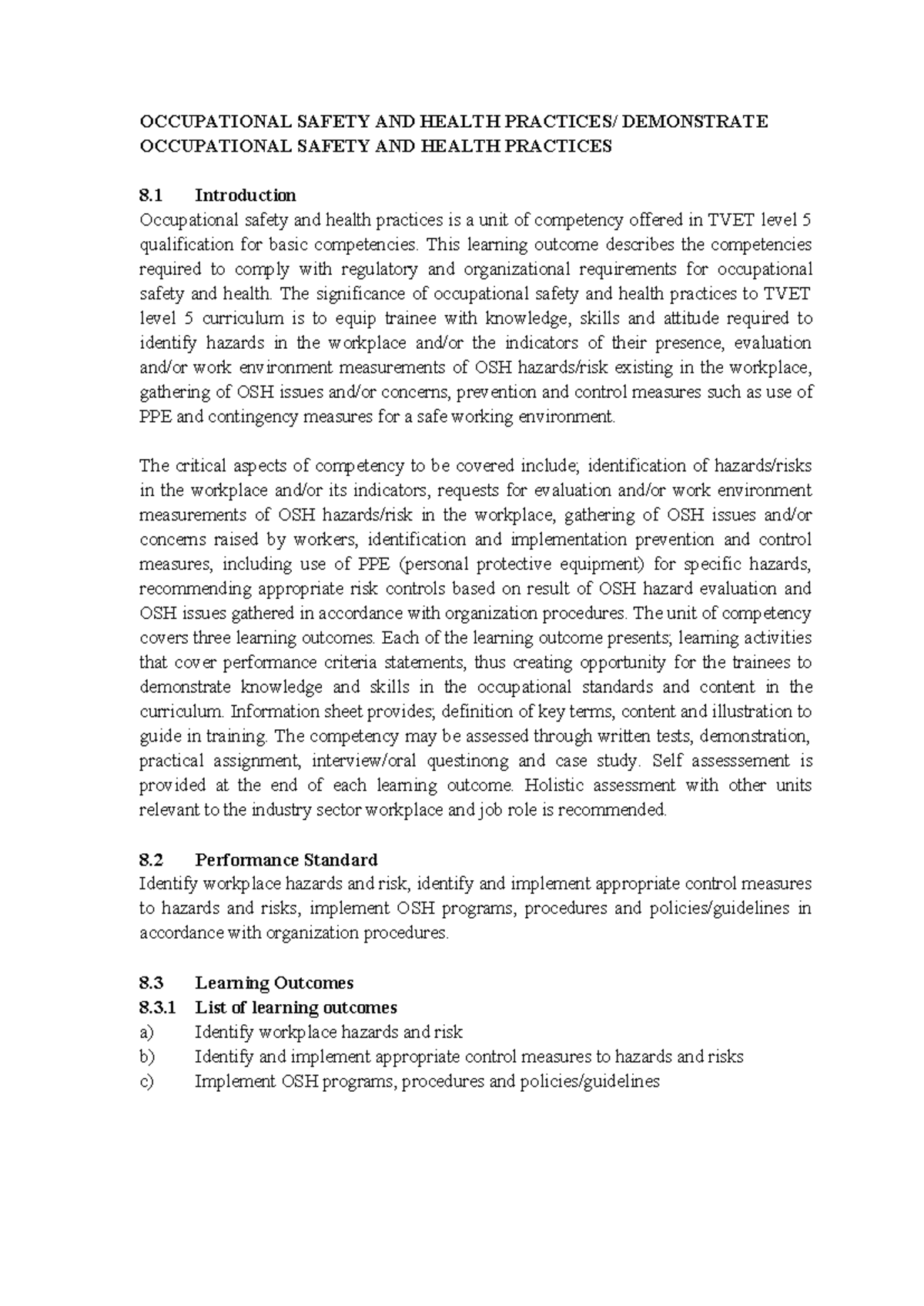Occupational Safety AND Health Practices - OCCUPATIONAL SAFETY AND ...