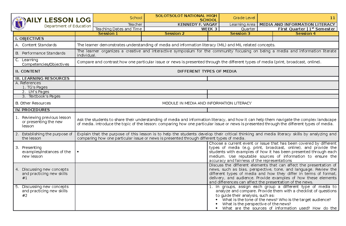 MIL Quarter 1 Week 3 Daily Lesson Log: Media Literacy Focus - Studocu