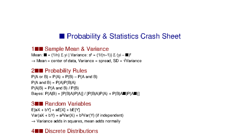 Probability Statistics Exam Crash Sheet: Key Concepts & Formulas - Studocu