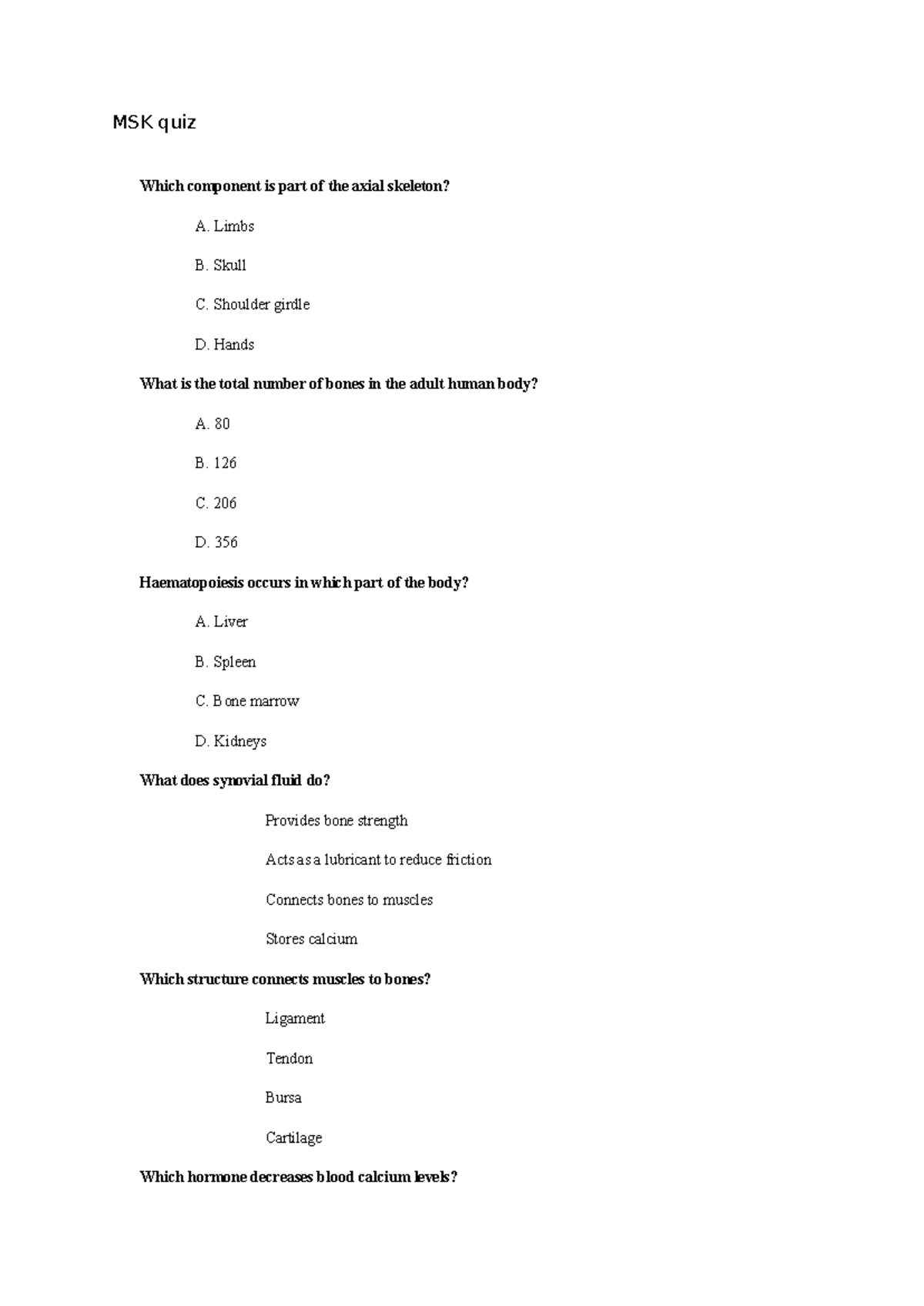 MSK Quiz: Key Concepts in Musculoskeletal Anatomy and Physiology - Studocu