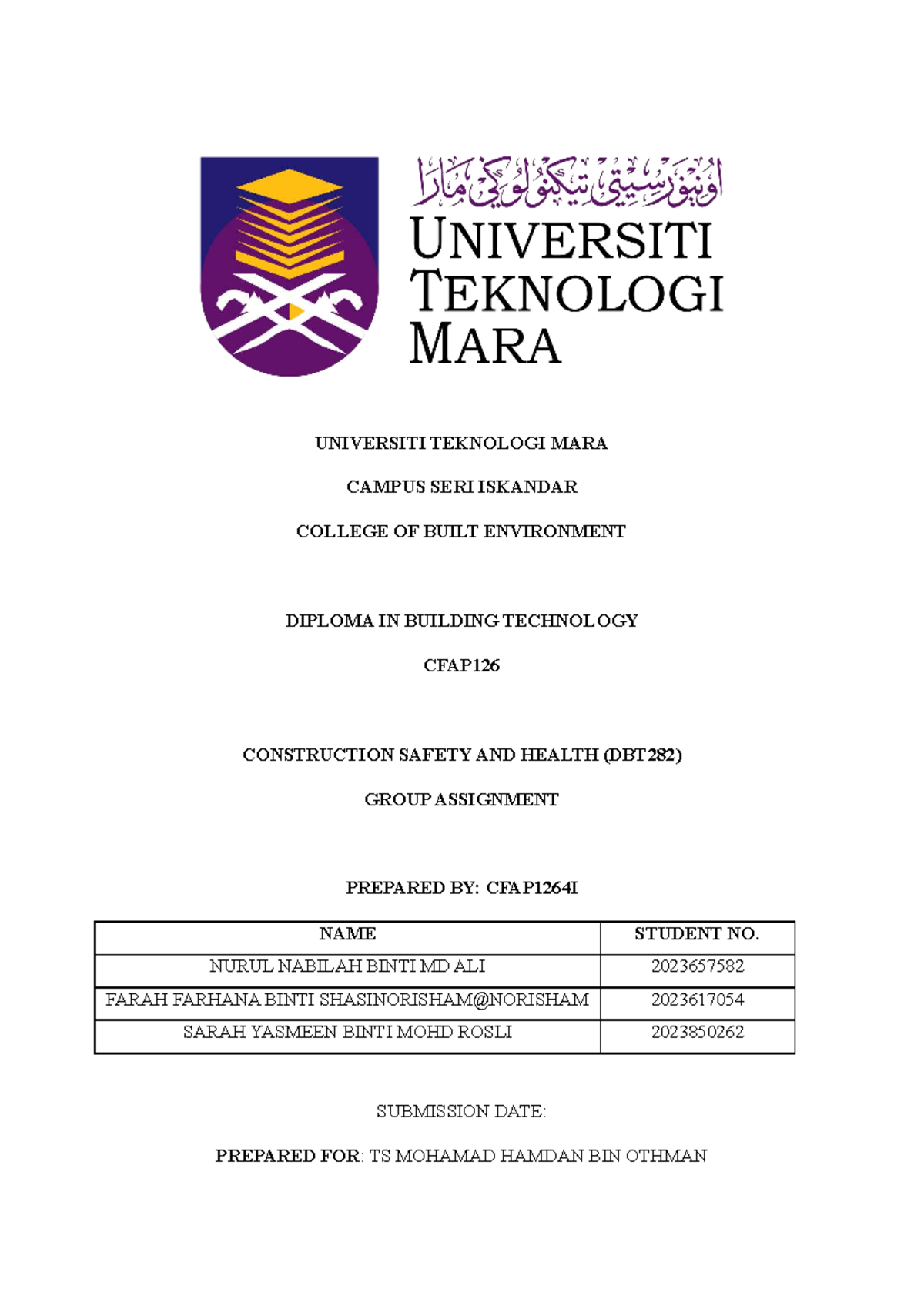 DBT282 Group Assignment: Construction Safety and Health Plan - Studocu