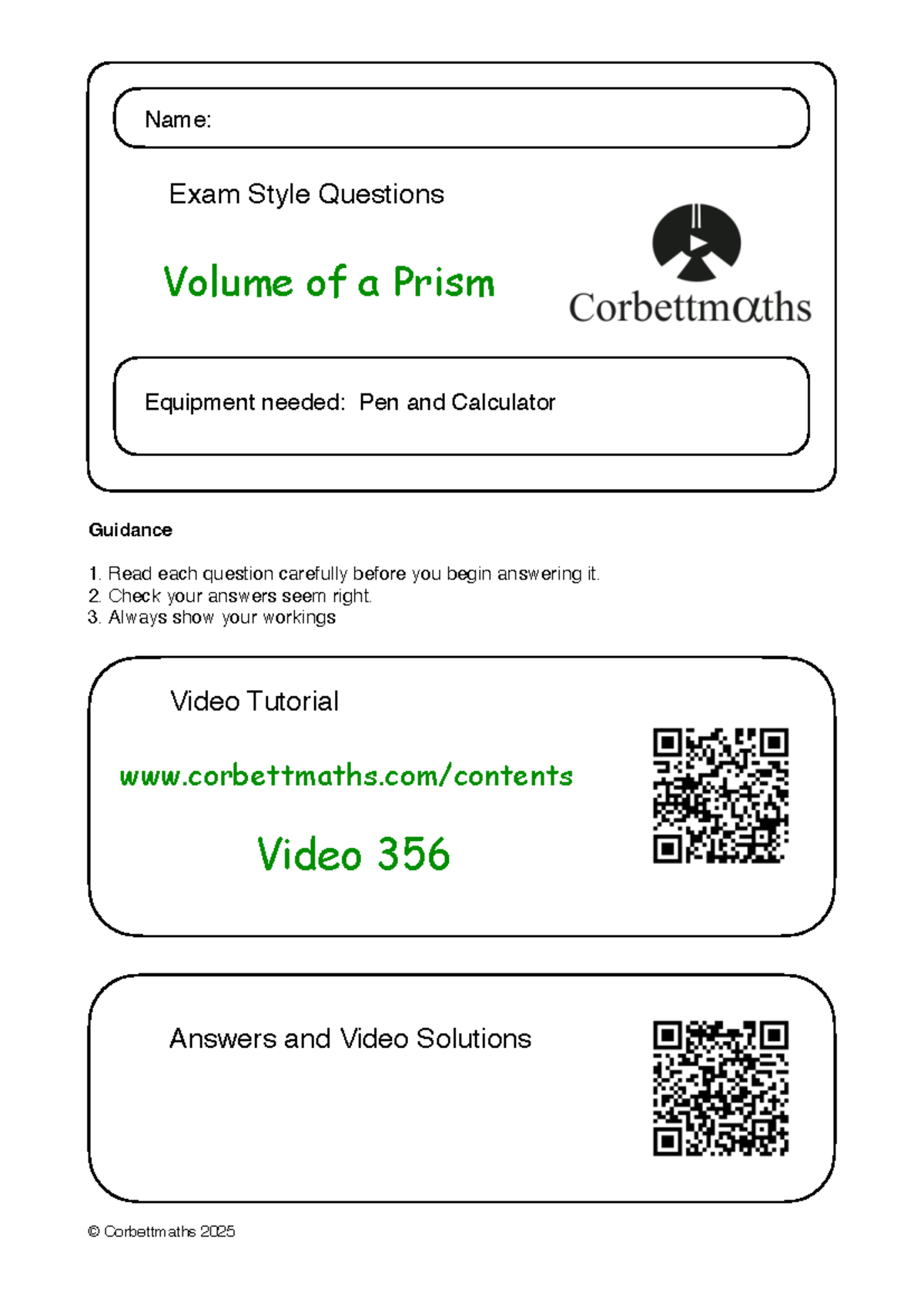 Volume of a Prism Practice Questions - Exam Style Qs - Studocu