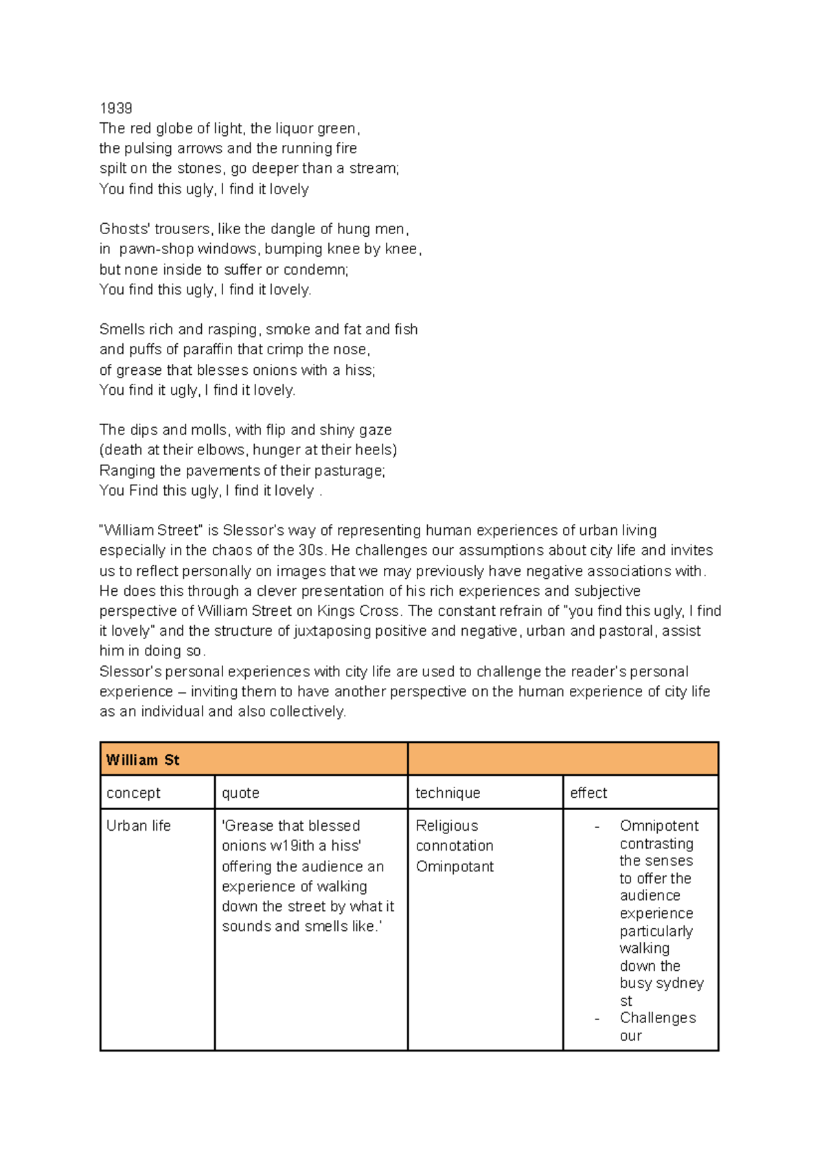 ENG 101: Trial Quote Table Study on Kenneth Slessor's "William Street ...