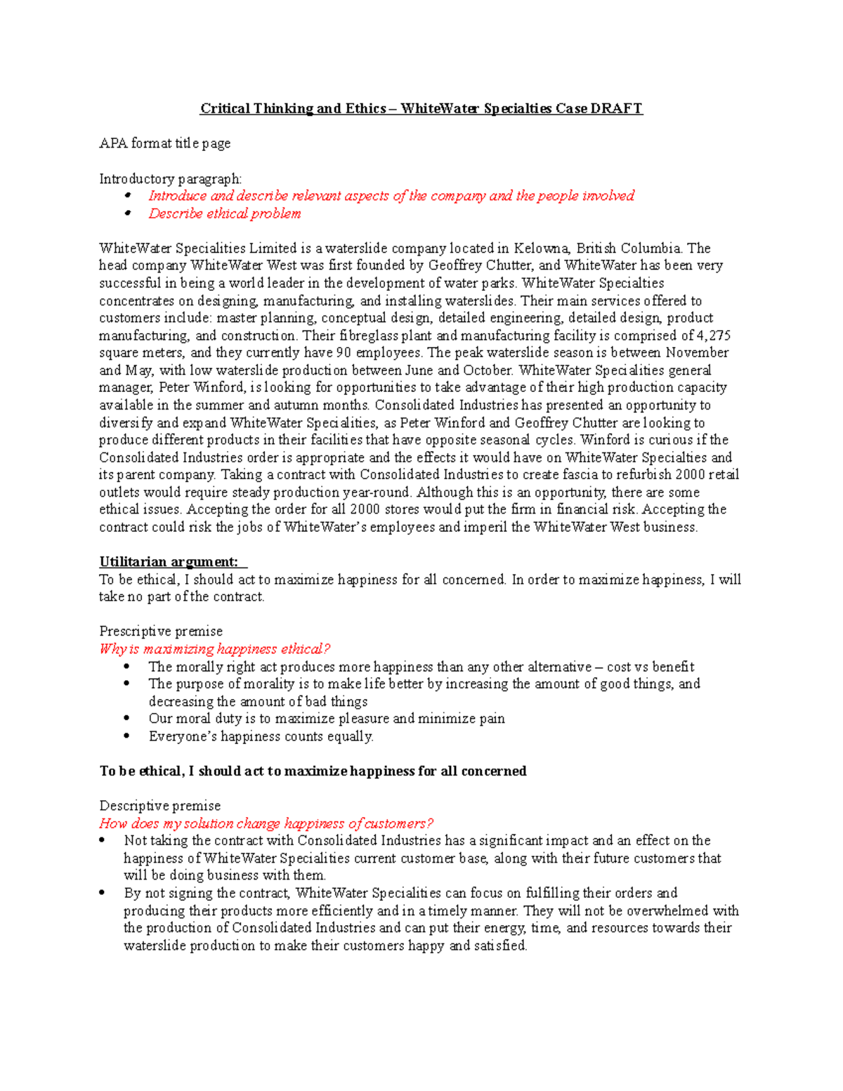 Critical Thinking & Ethics: Whitewater Specialties Case Study DRAFT ...