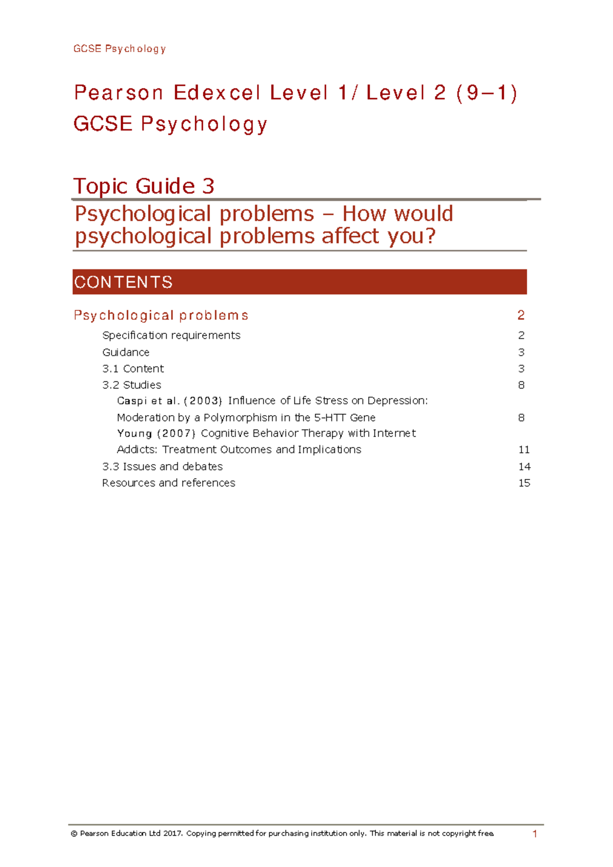 GCSE Psychology Topic Guide 3: Understanding Psychological Problems ...