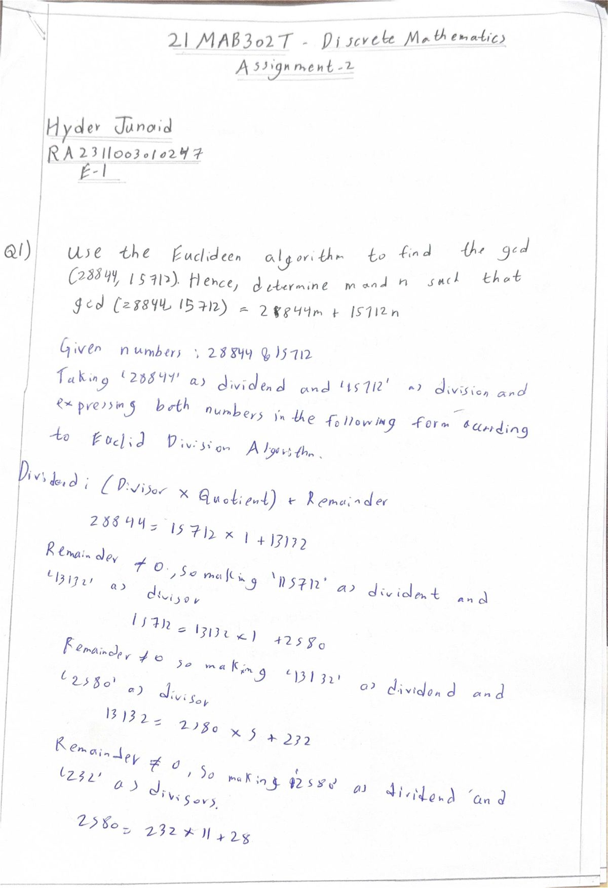 21 MAB302T Discrete Mathematics Assignment 2: Euclidean Algorithm & Induction - Studocu