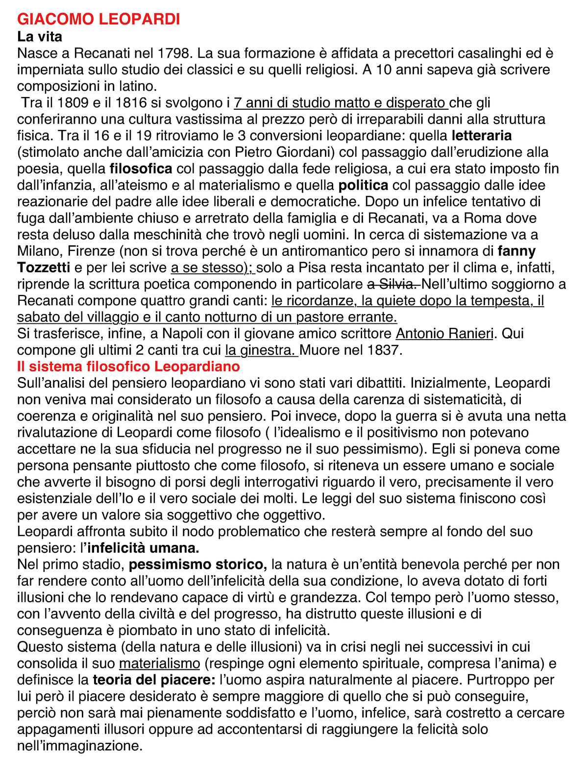 Leopardi: Vita, Pensiero e Poetica di Giacomo Leopardi - Studocu