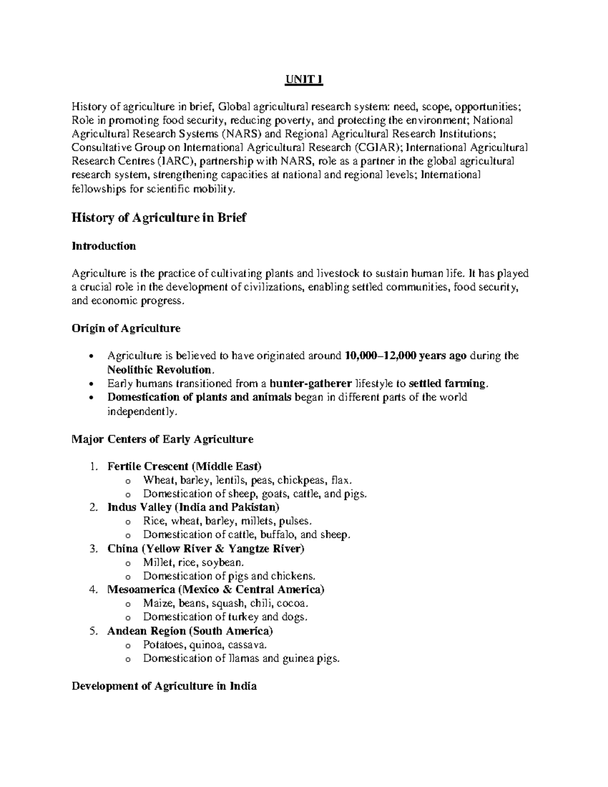 UNIT I - History of Agriculture and Global Research Systems - Studocu