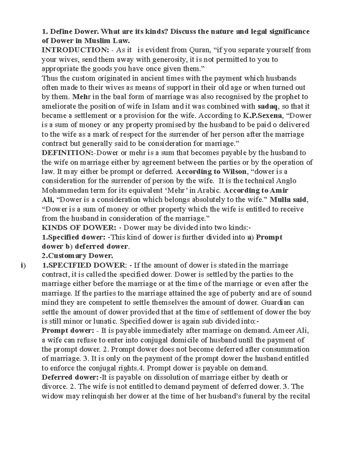 Muslim law notes - 1. Define Dower. What are its kinds? Discuss the ...