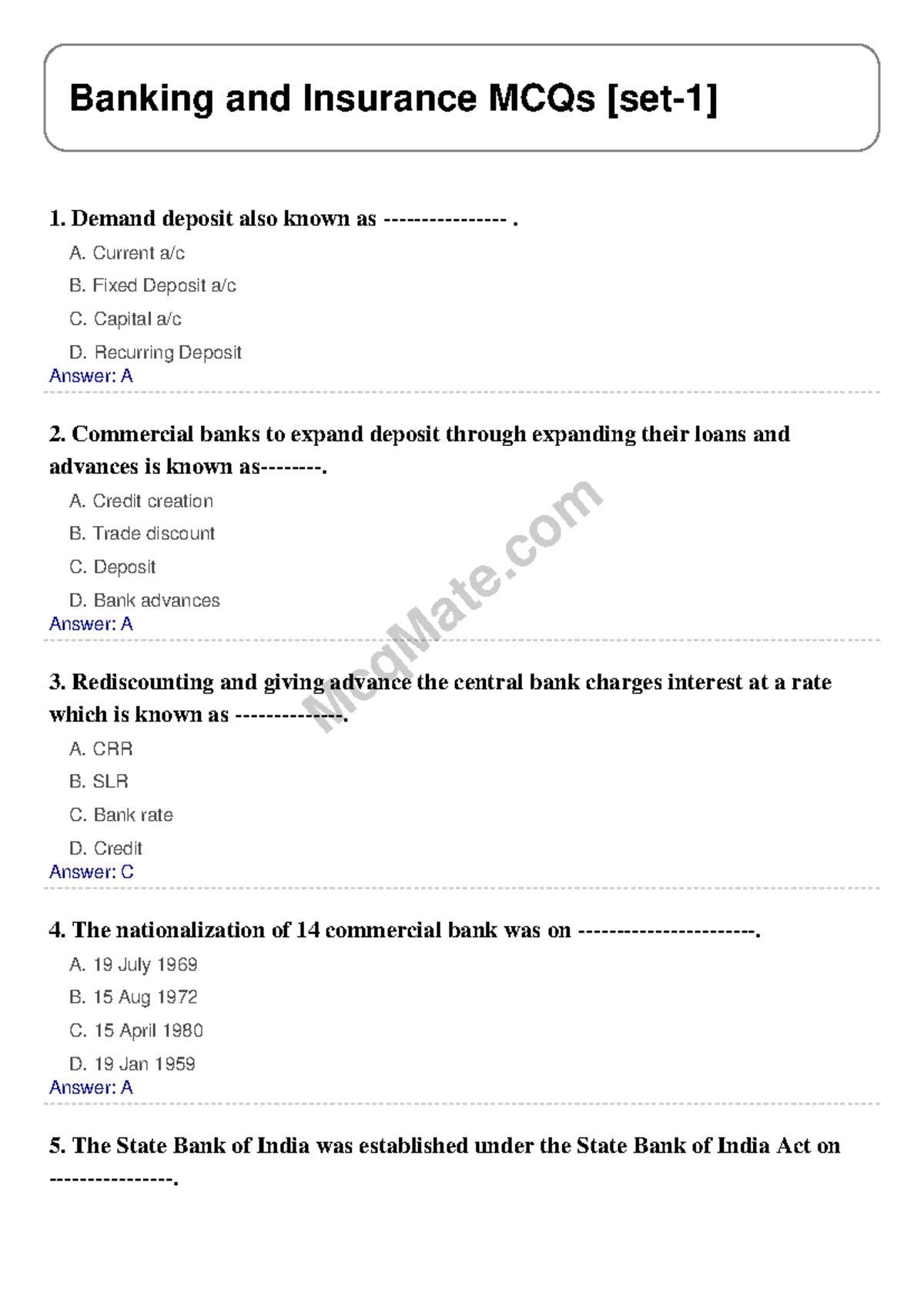 Banking and Insurance Solved MCQs [set-1] Mcq Mate.com - McqMate ...