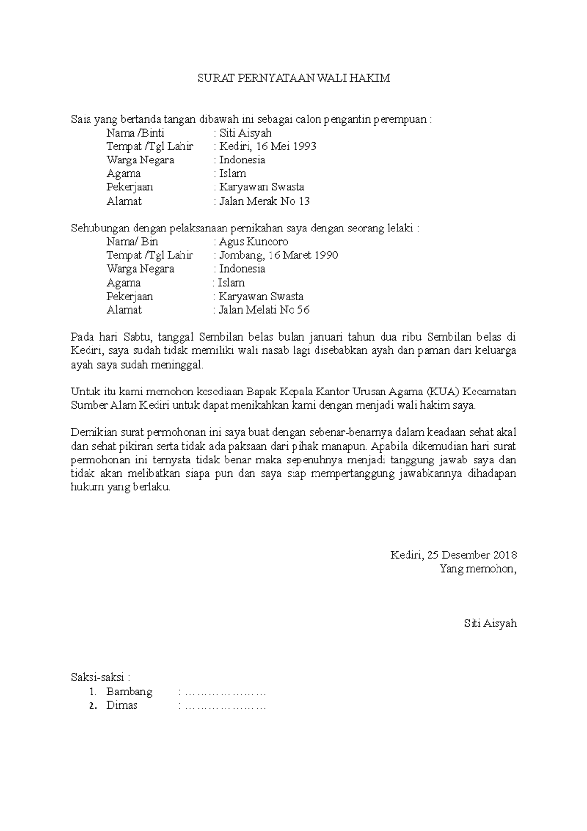 Surat Permohonan Wali Hakim KUA untuk Pernikahan Siti Aisyah - Studocu