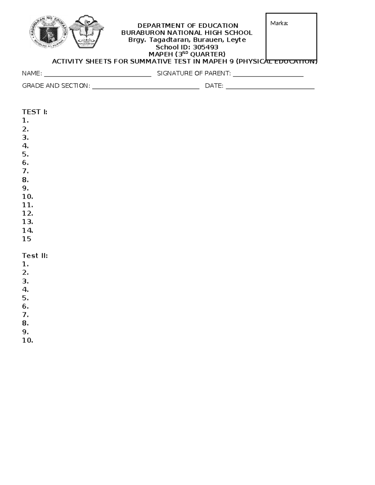 MAPEH 9 (PE & Health) 3rd Quarter Summative Test Activity Sheets - Studocu