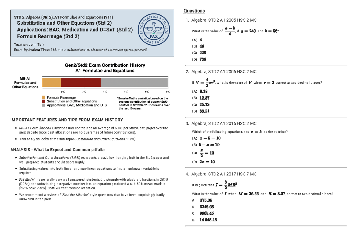 Yr 11 Maths Std 2 A1 Algebra Formulae & Equations Study Guide - Studocu