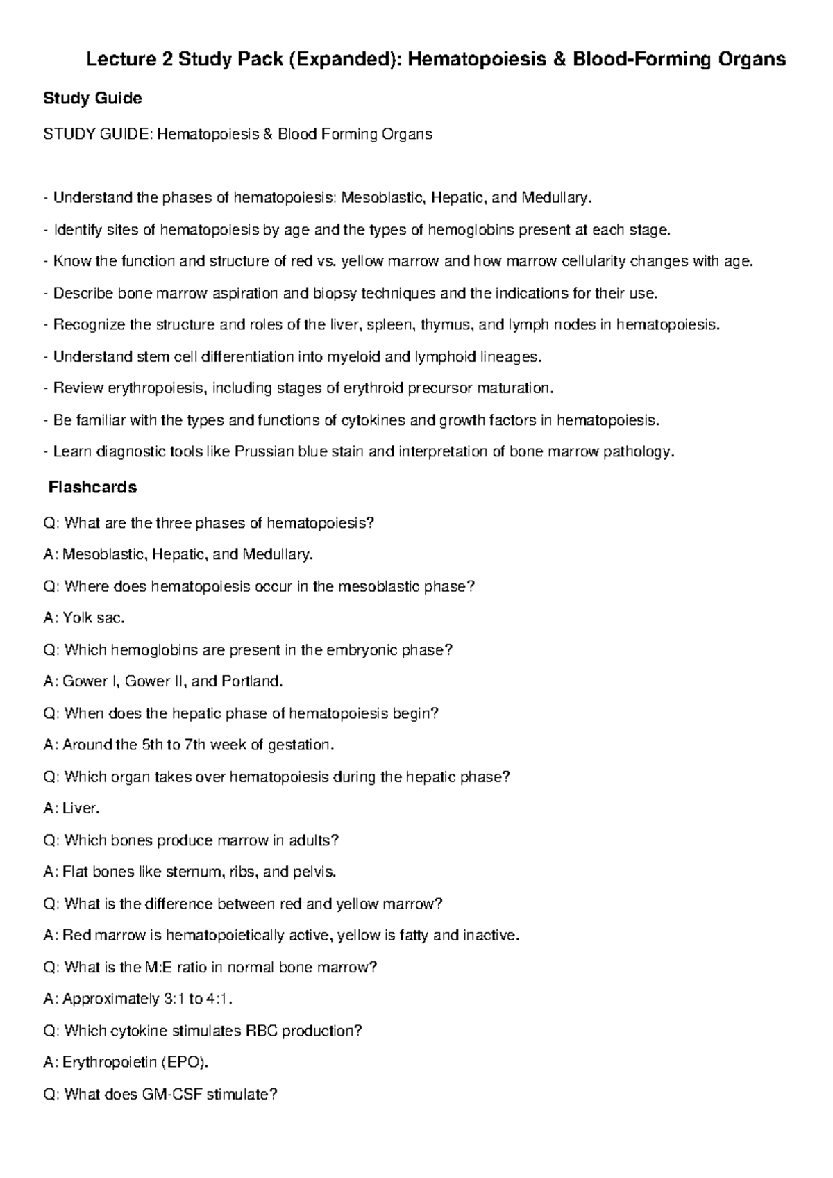 Lecture 2 Study Pack: Hematopoiesis & Blood-Forming Organs Guide - Studocu