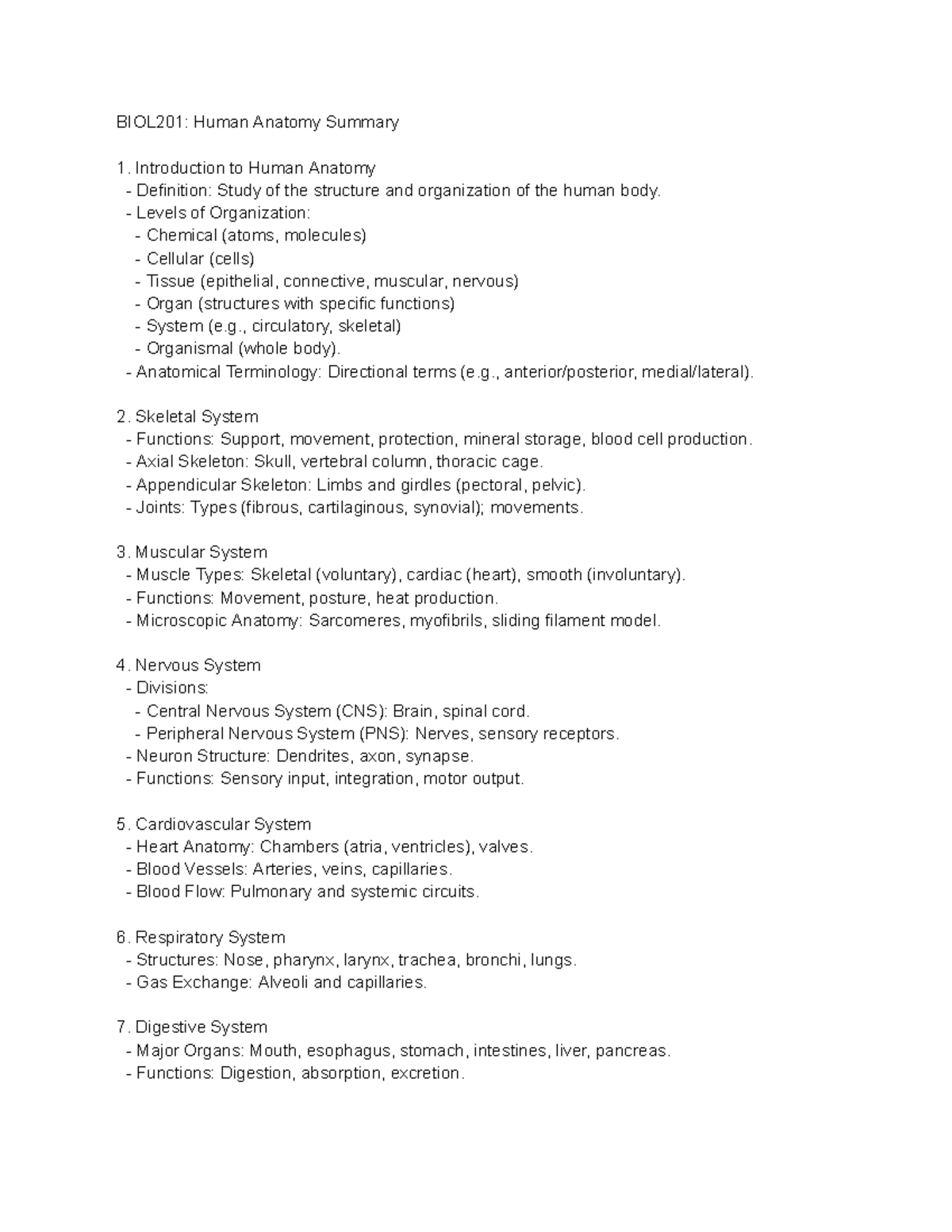 BIOL201 Human Anatomy Summary - BIOL201: Human Anatomy Summary ...