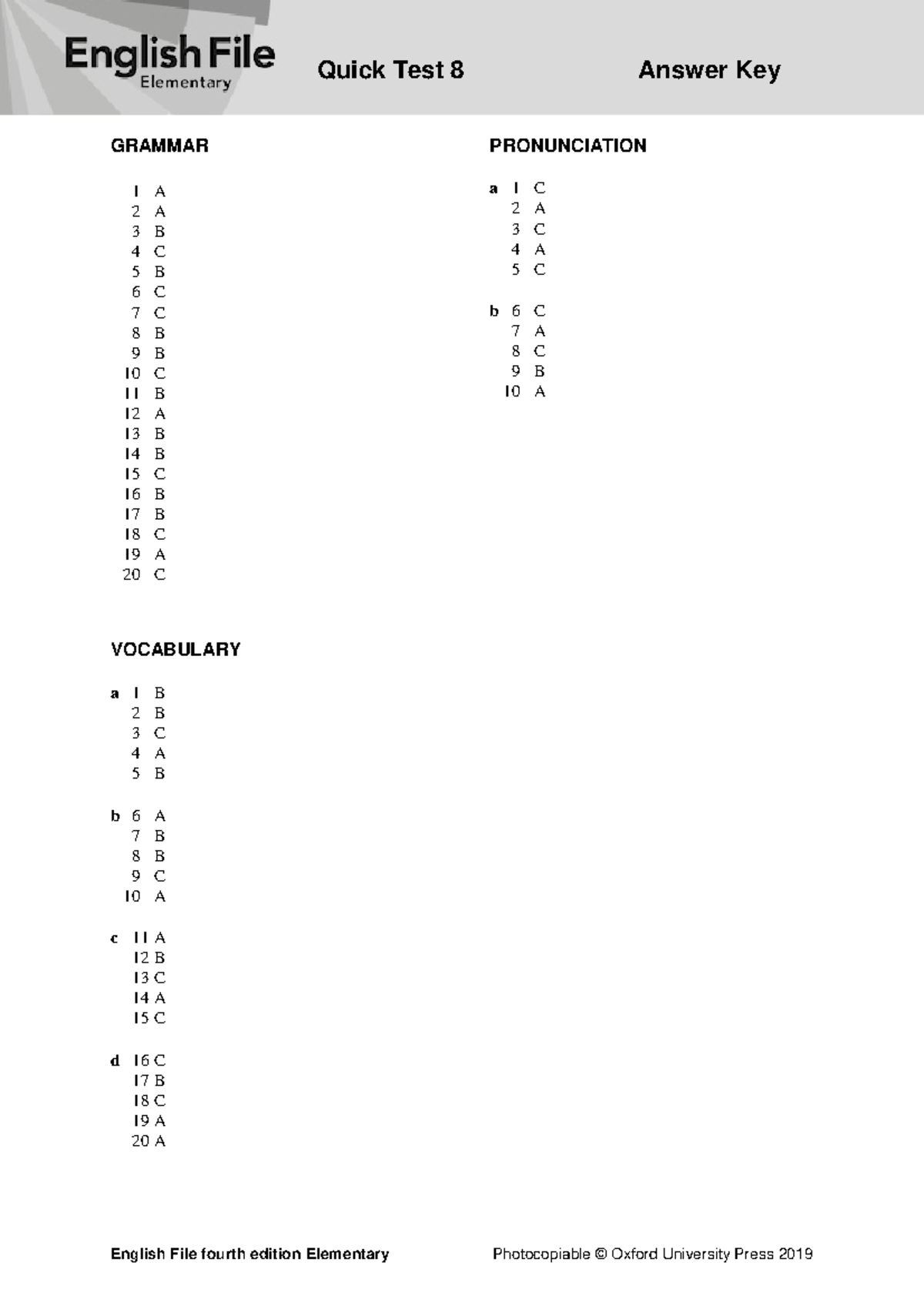 EF4e Elementary Quick Test 8 Answer Key & Solutions - Studocu